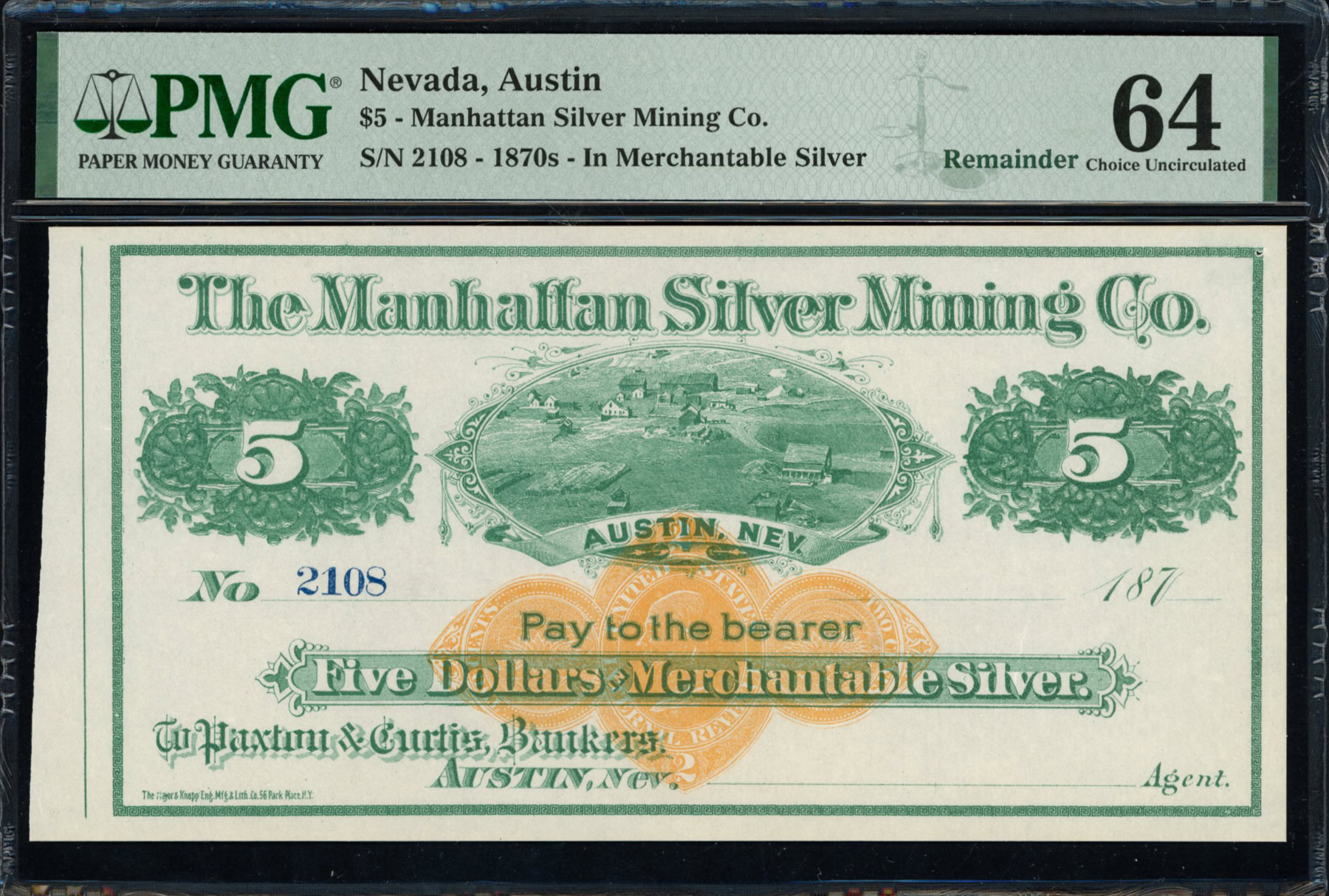 1870s Austin, Nevada Manhattan Silver Mining Co. $5 In Merchantable ...
