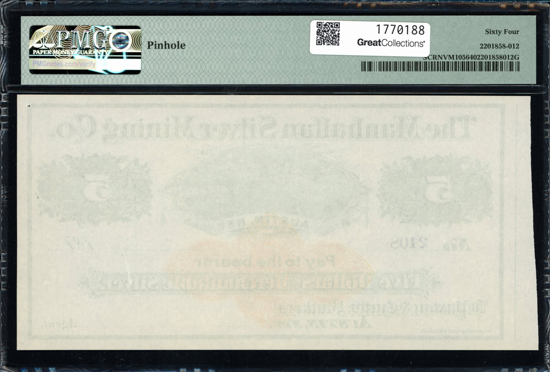 1870s Austin, Nevada Manhattan Silver Mining Co. $5 In Merchantable ...