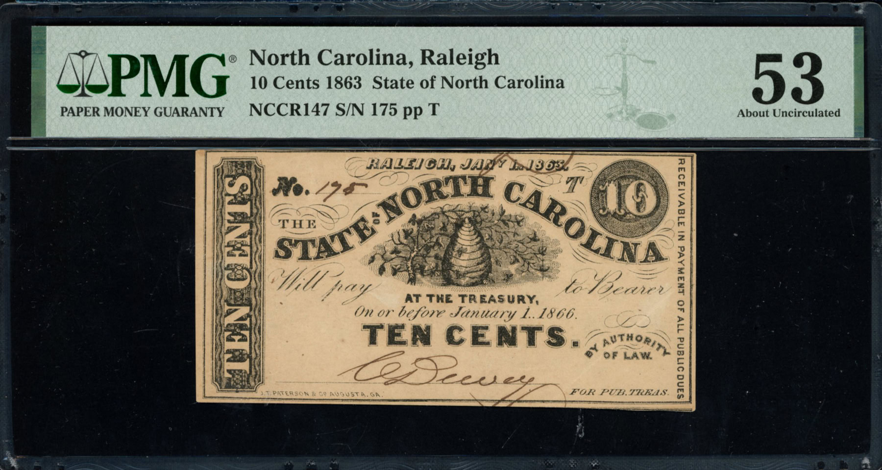 1863 Raleigh, North Carolina State of North Carolina 10 Cents Note PMG ...
