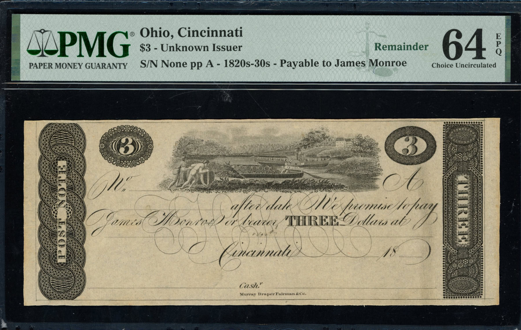 1820s-30s Cincinnati, Ohio Unknown Issuer $3 Remainder Note PMG Choice ...