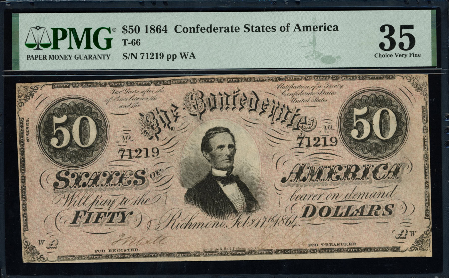 T-66 Confederate States of America 1864 $50 Note PMG Choice Very Fine ...