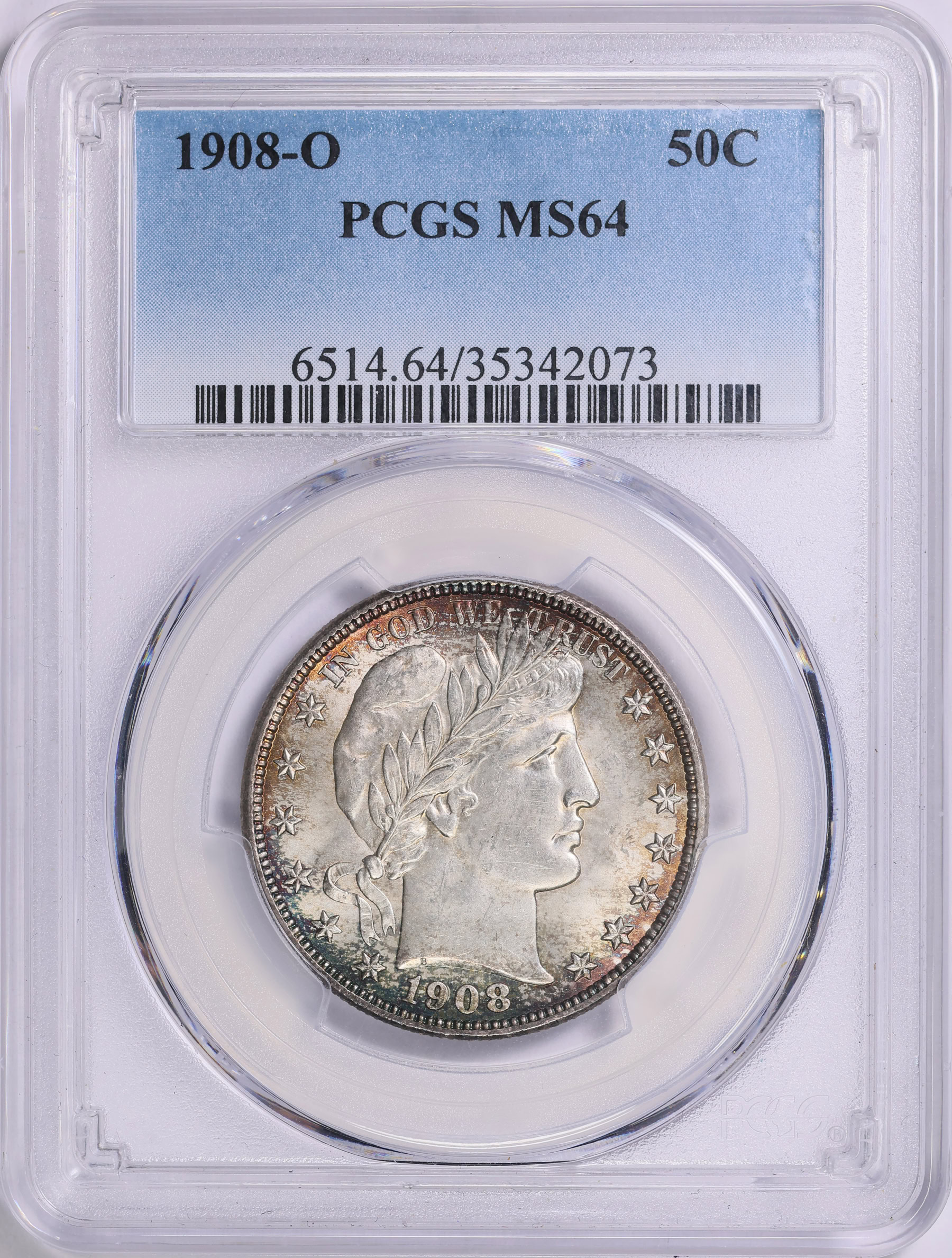 1908-O Barber Half Dollar PCGS MS-64 (Toned) (Item 1770306) | GreatCollections Coin Auctions