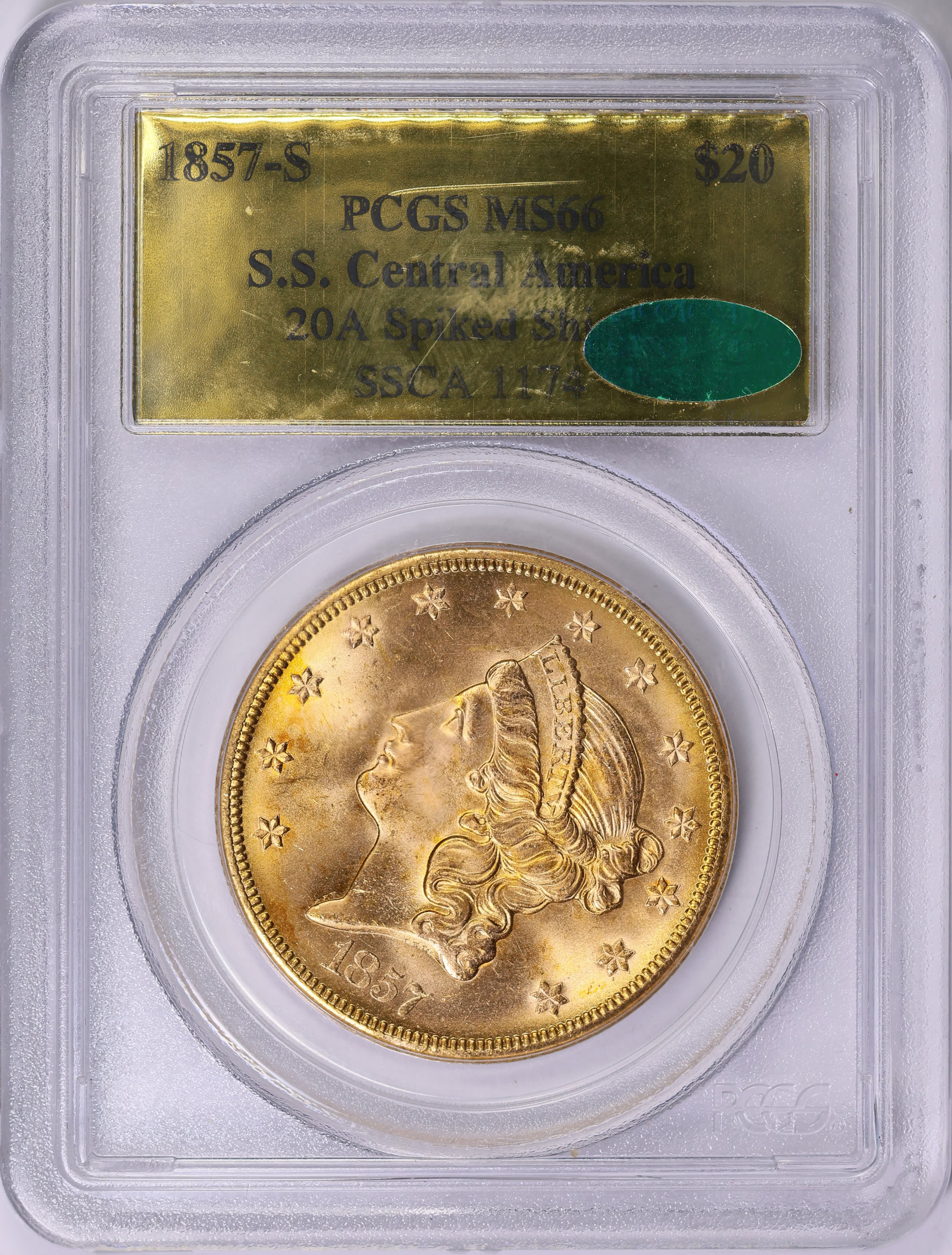 1857-S Liberty Gold Double Eagle 20A Spiked Shield Shipwreck S.S. Central America PCGS MS-66 ...
