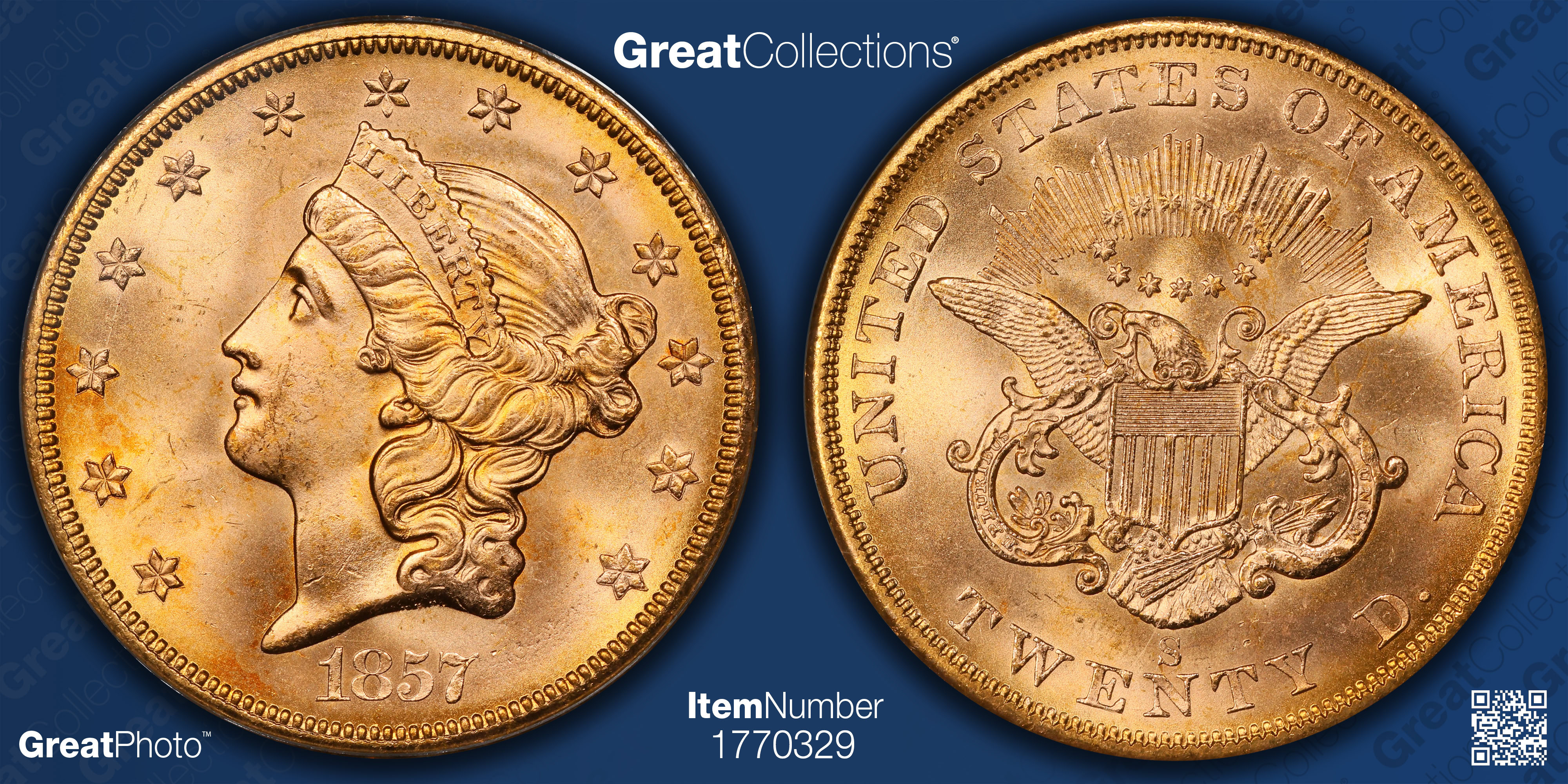 1857-S Liberty Gold Double Eagle 20A Spiked Shield Shipwreck S.S. Central America PCGS MS-66 ...