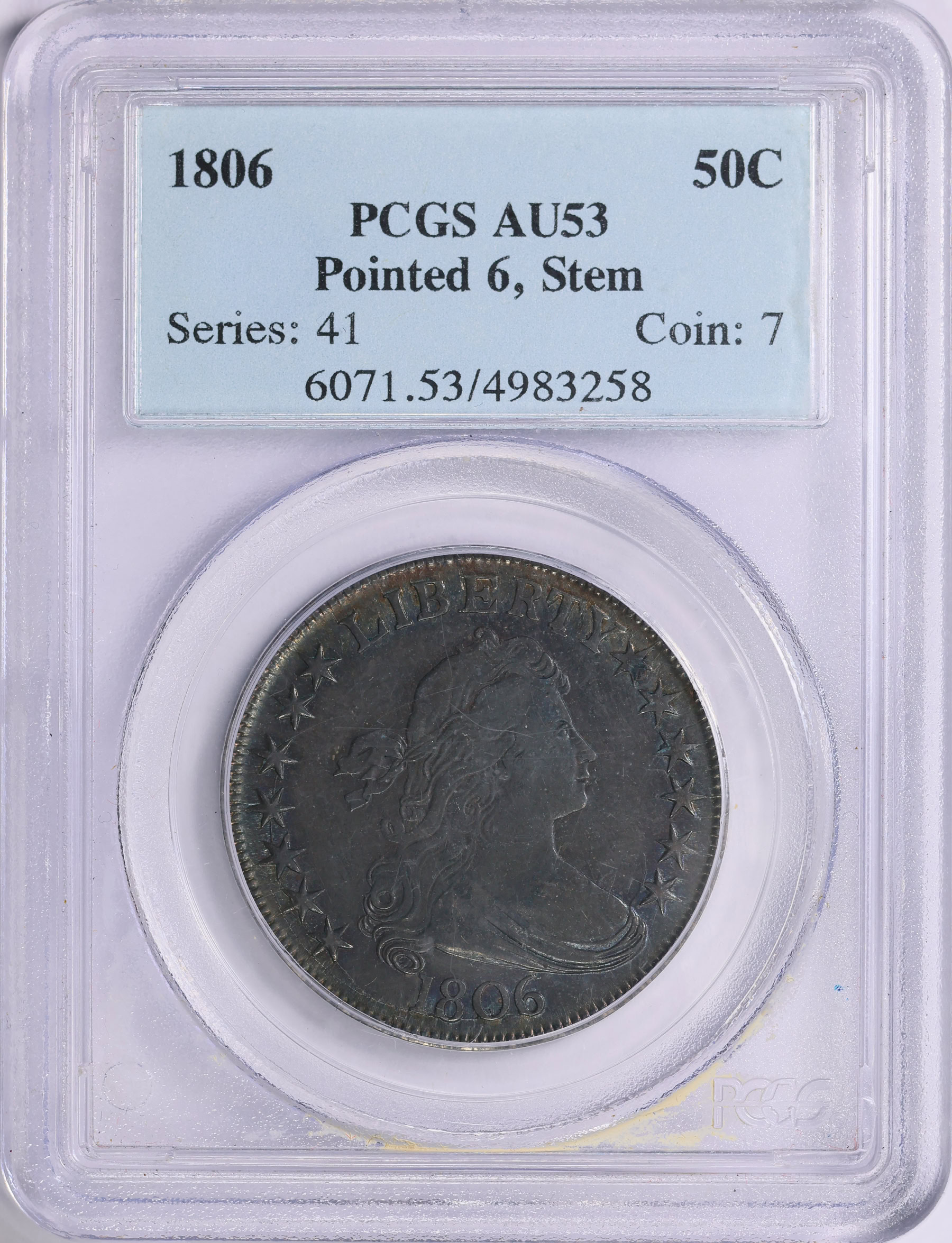 1806 Draped Bust Half Dollar Pointed 6, Stem PCGS AU-53 (Item 1770340) | GreatCollections Coin ...
