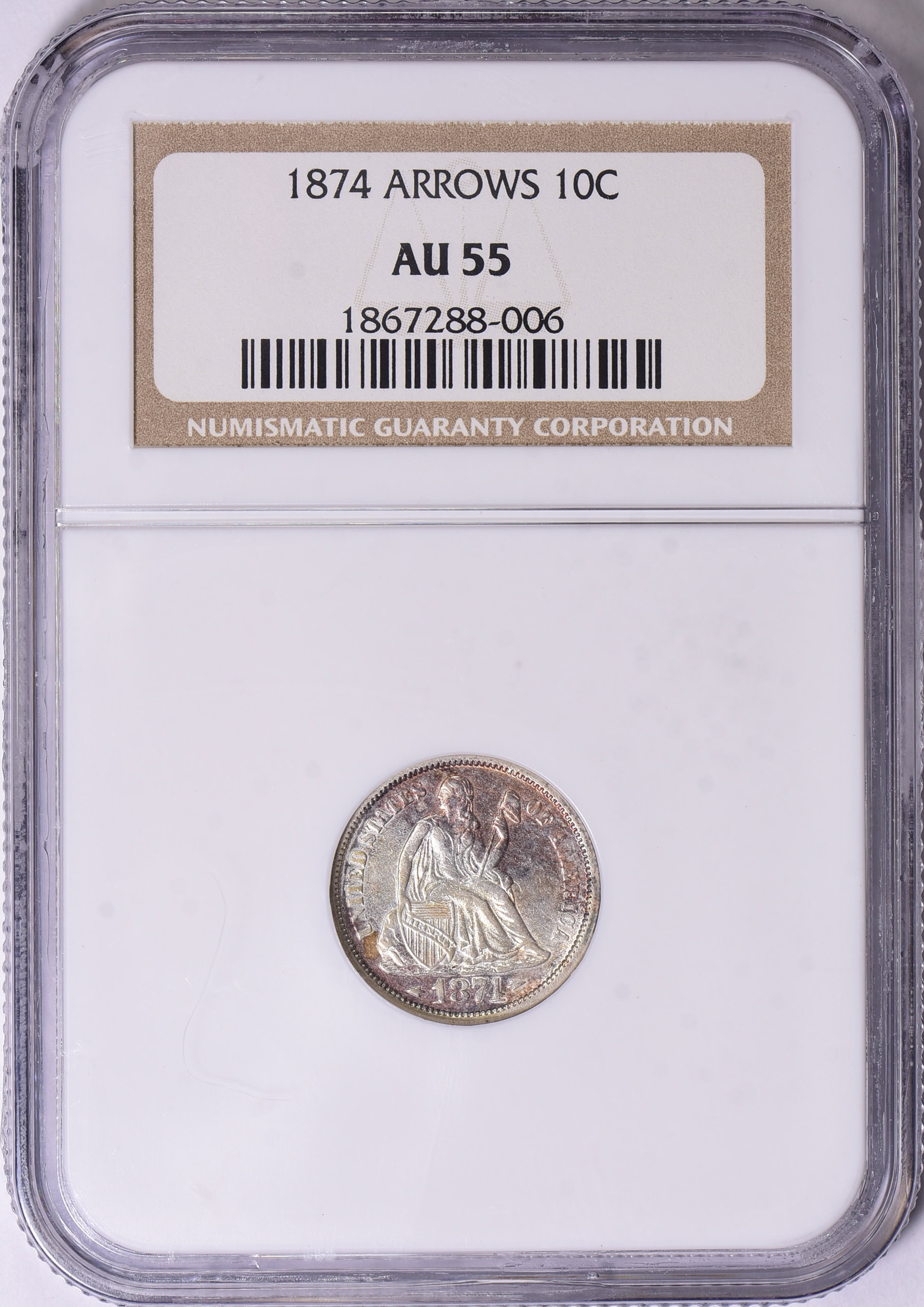 1874 Seated Liberty Dime Arrows NGC AU-55 (Item 1770376) | GreatCollections Coin Auctions