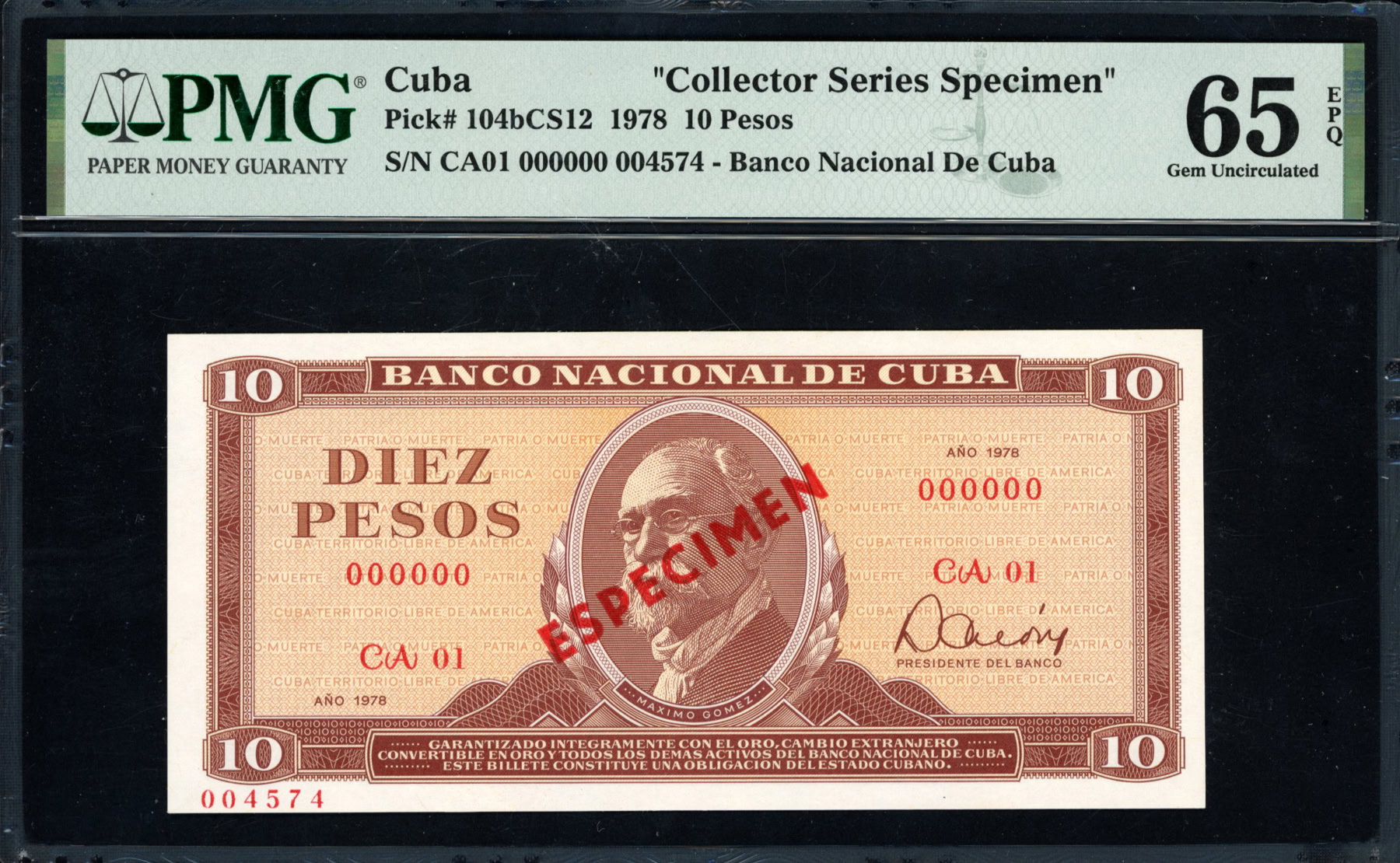 Cuba 1978 10 Pesos Banco Nacional de Cuba Collectors Series Specimen ...
