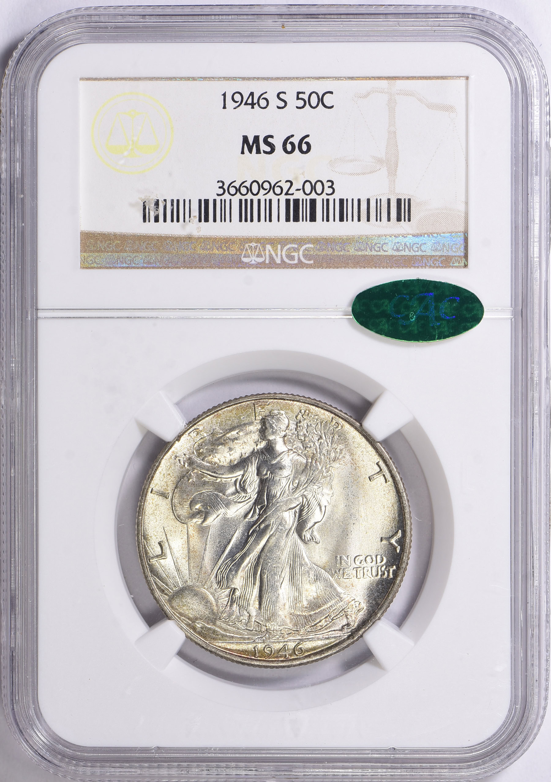 1946-S Walking Liberty Half Dollar NGC MS-66 (CAC Green) (Item 1770621) | GreatCollections Coin ...