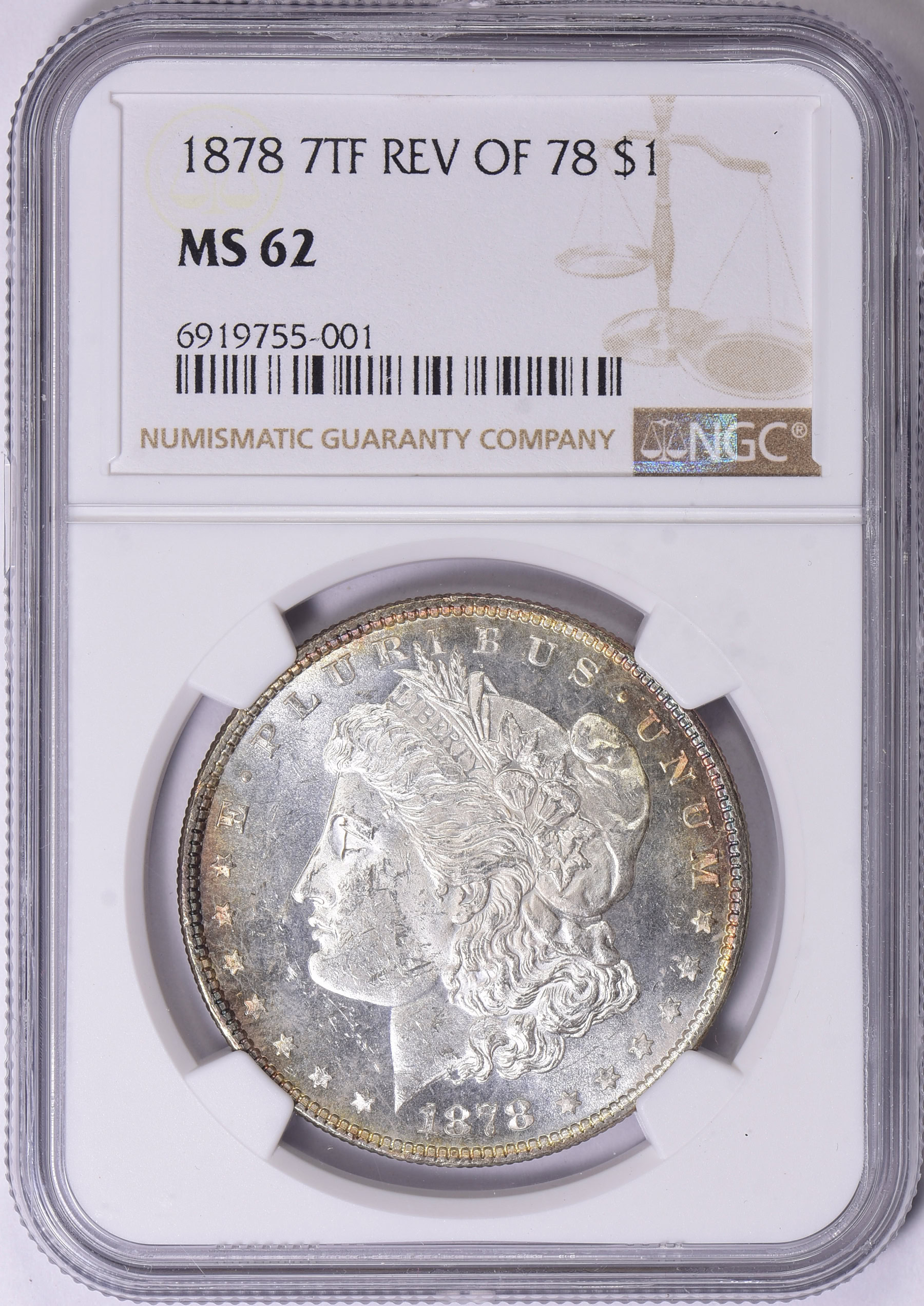 1878 Morgan Silver Dollar 7 Tailfeathers, Reverse of 1878 NGC MS-62 (Toned) (Item 1770688 ...