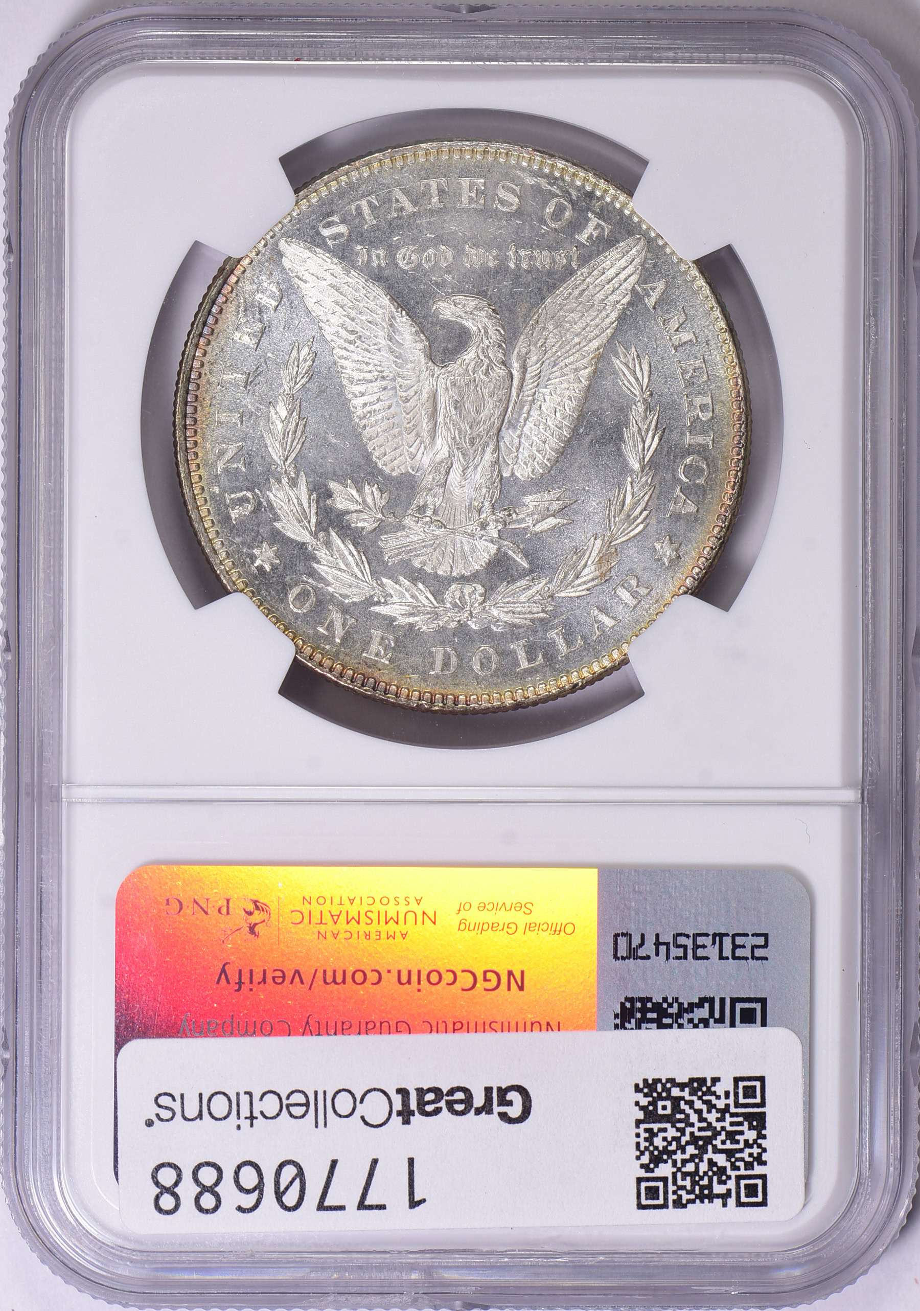 1878 Morgan Silver Dollar 7 Tailfeathers, Reverse of 1878 NGC MS-62 (Toned) (Item 1770688 ...