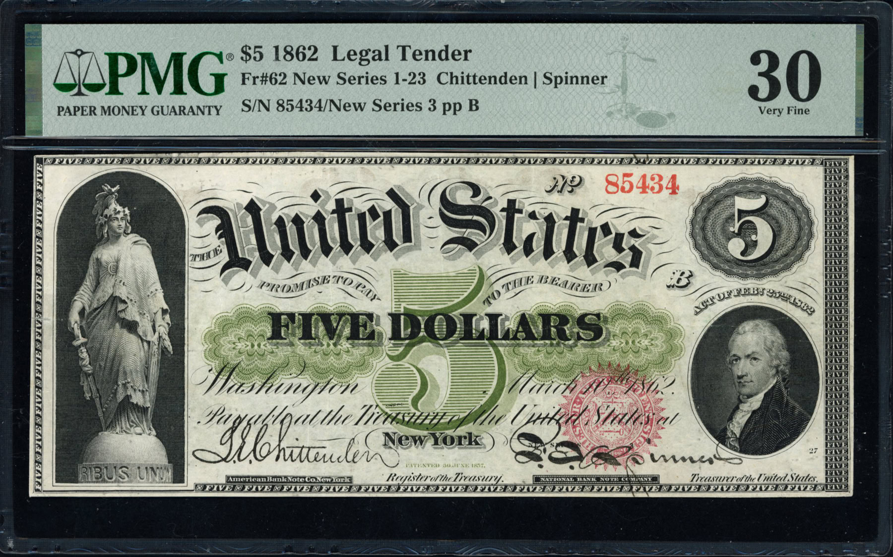 Fr. 62 1862 $5 Legal Tender Note New Series 1-23 Chittenden / Spinner ...