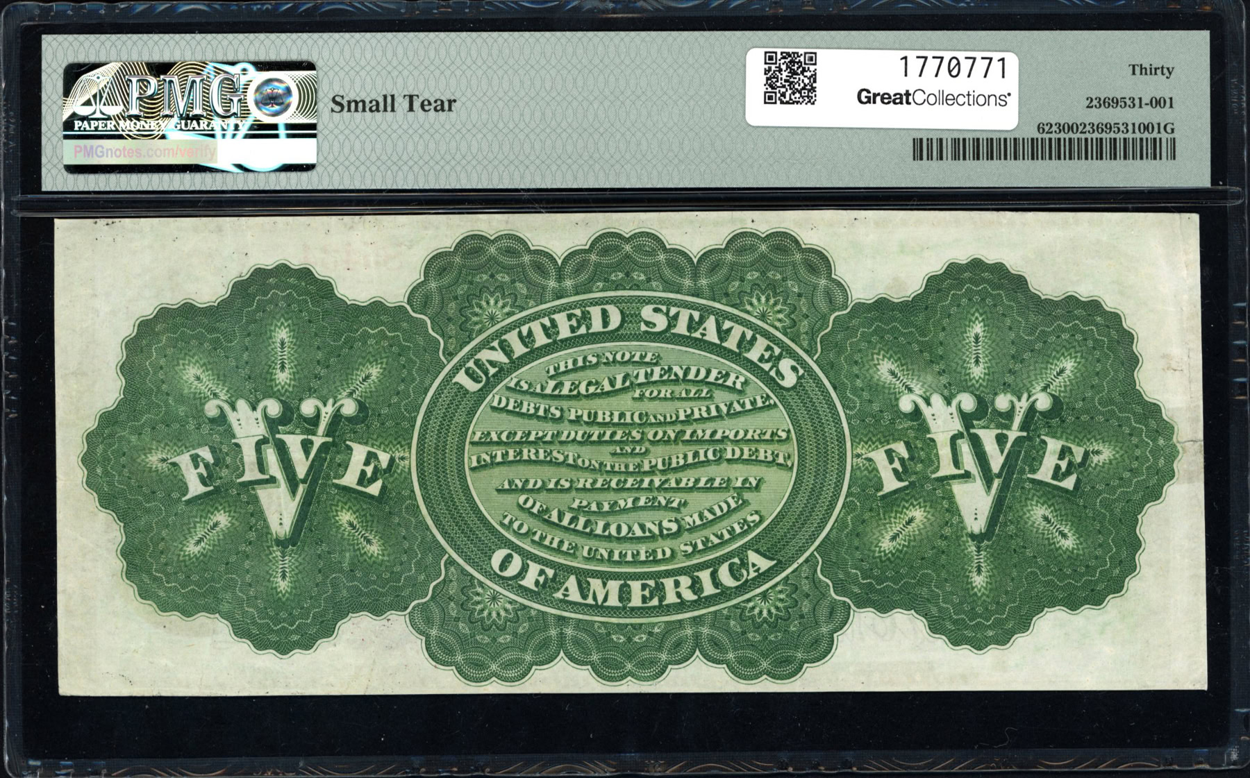 Fr. 62 1862 $5 Legal Tender Note New Series 1-23 Chittenden / Spinner ...