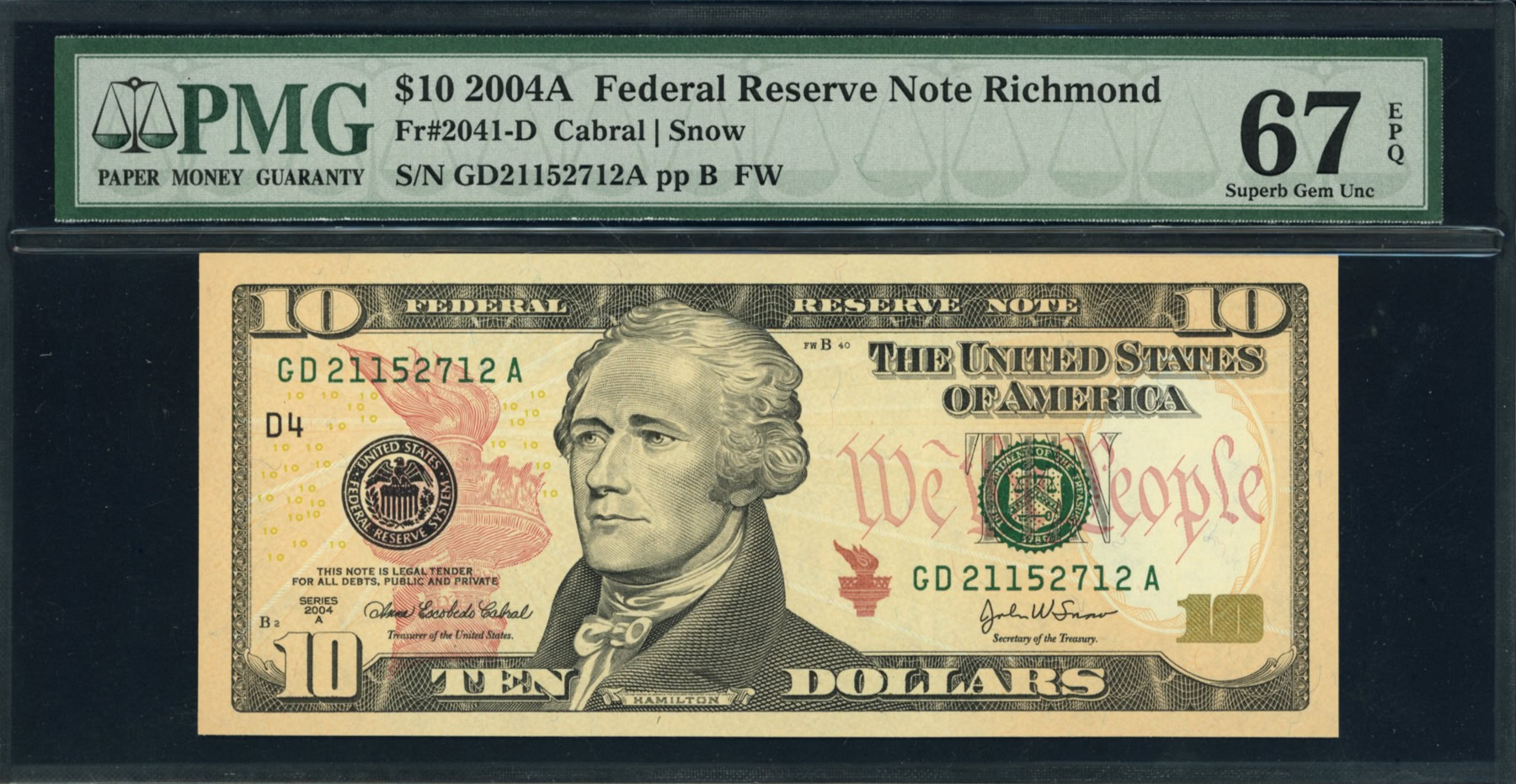 Fr. 2041-D (GDA Block) 2004A $10 Cleveland Federal Reserve Note Cabral ...