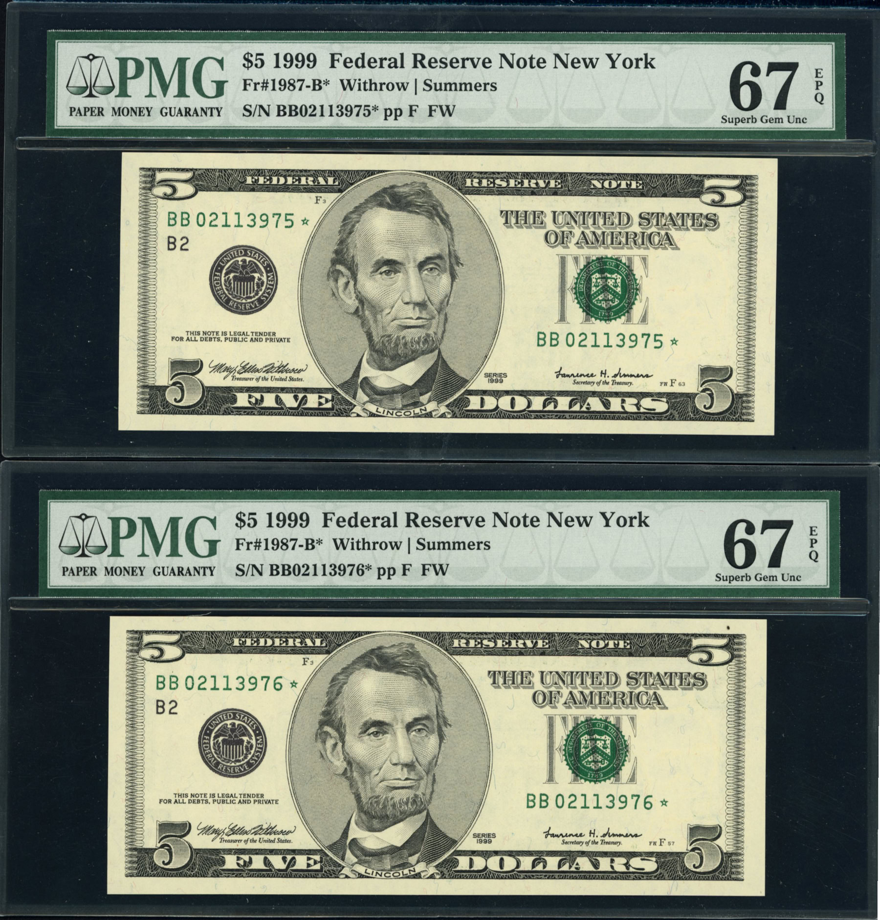 Fr. 1987-B* (BB* Block) 1999 $5 New York Federal Reserve Star Notes ...