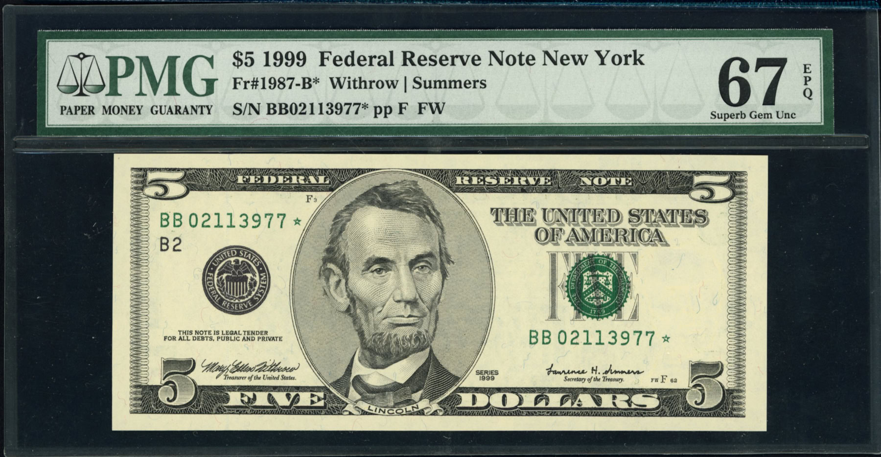 Fr. 1987-B* (BB* Block) 1999 $5 New York Federal Reserve Star Notes ...