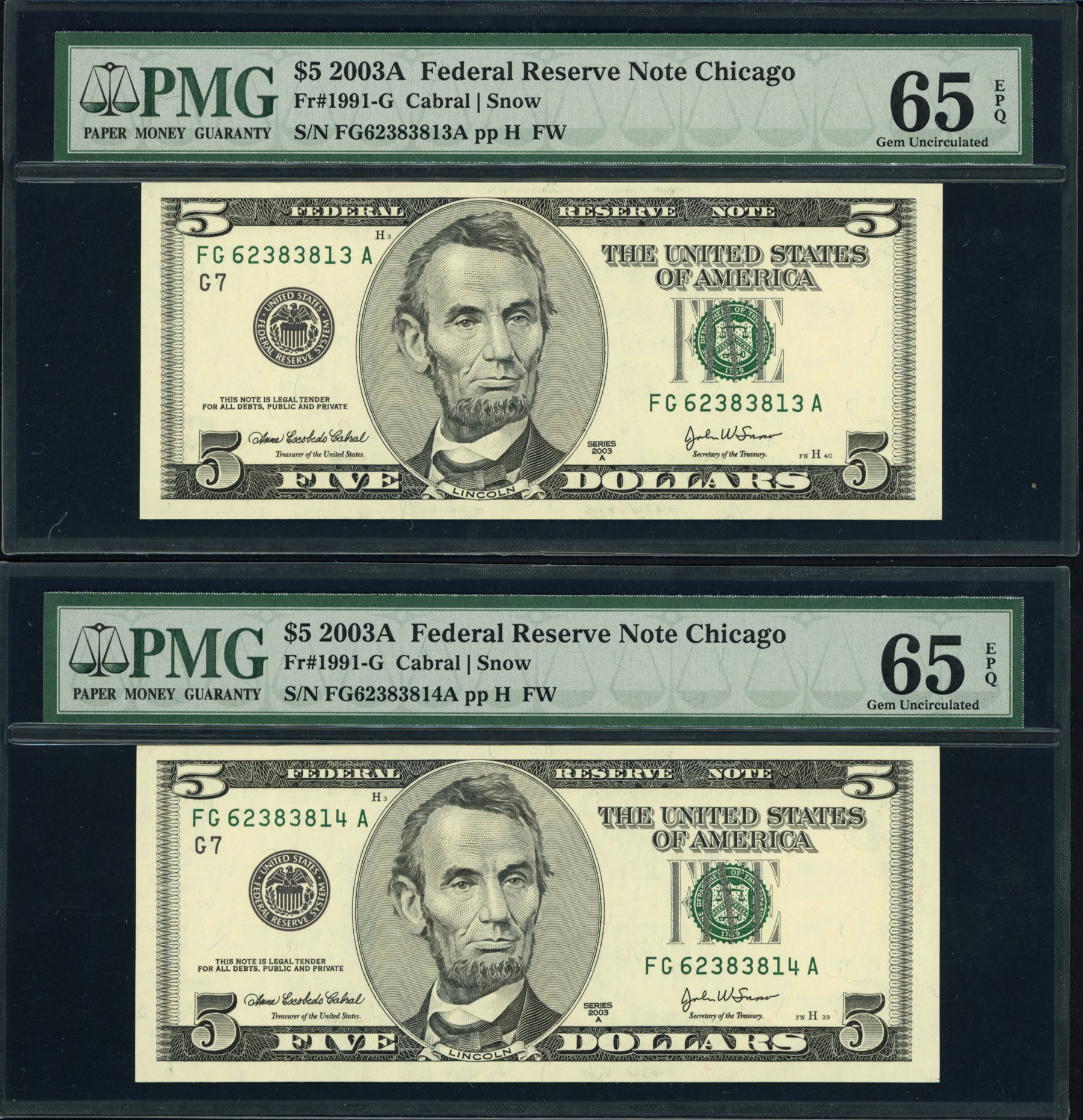 Fr. 1991-G (FGA Block) 2003A $5 Chicago Federal Reserve Notes ...