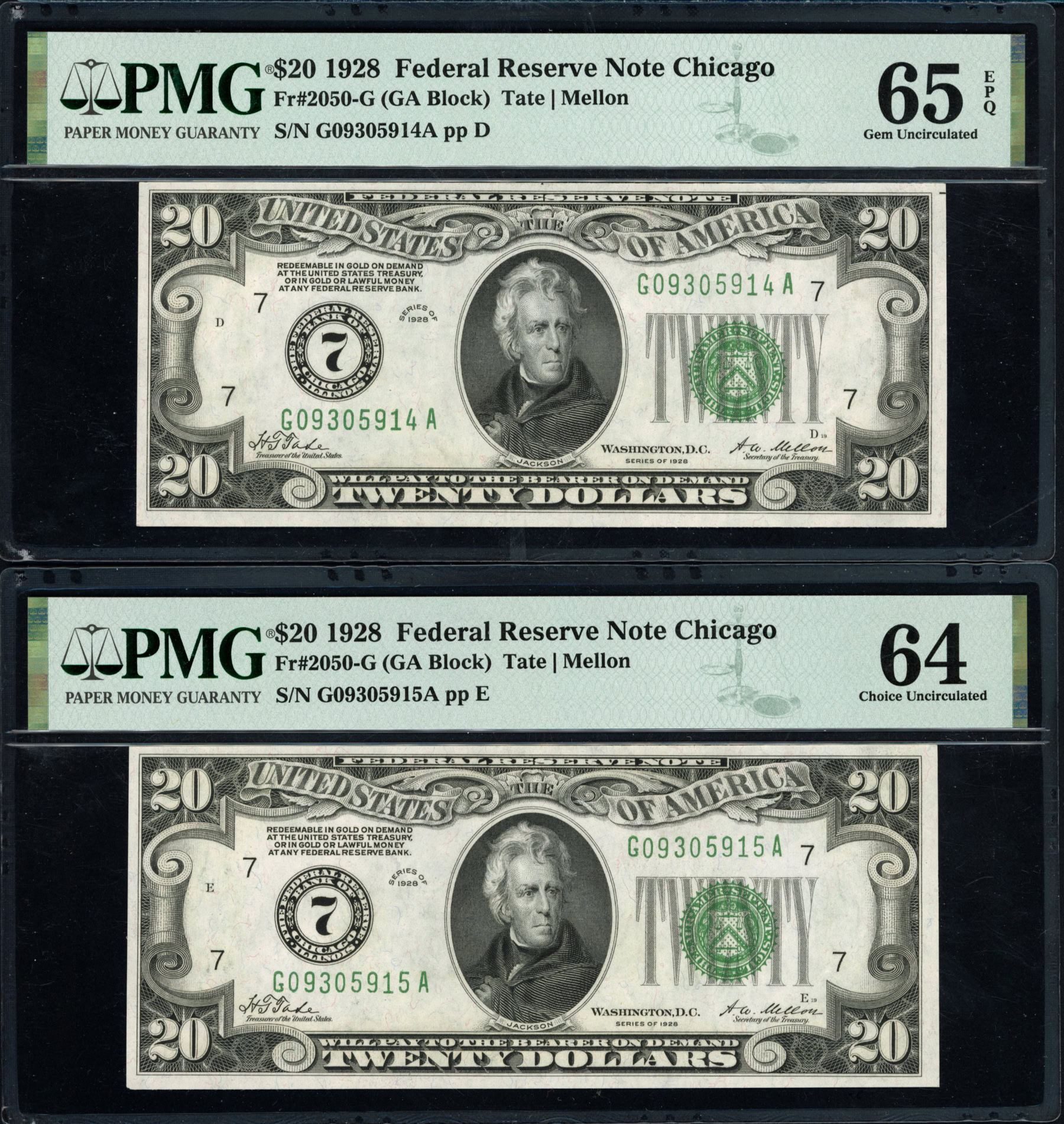 Fr. 2050-G (GA Block) 1928 $20 Chicago Federal Reserve Notes Sequential ...