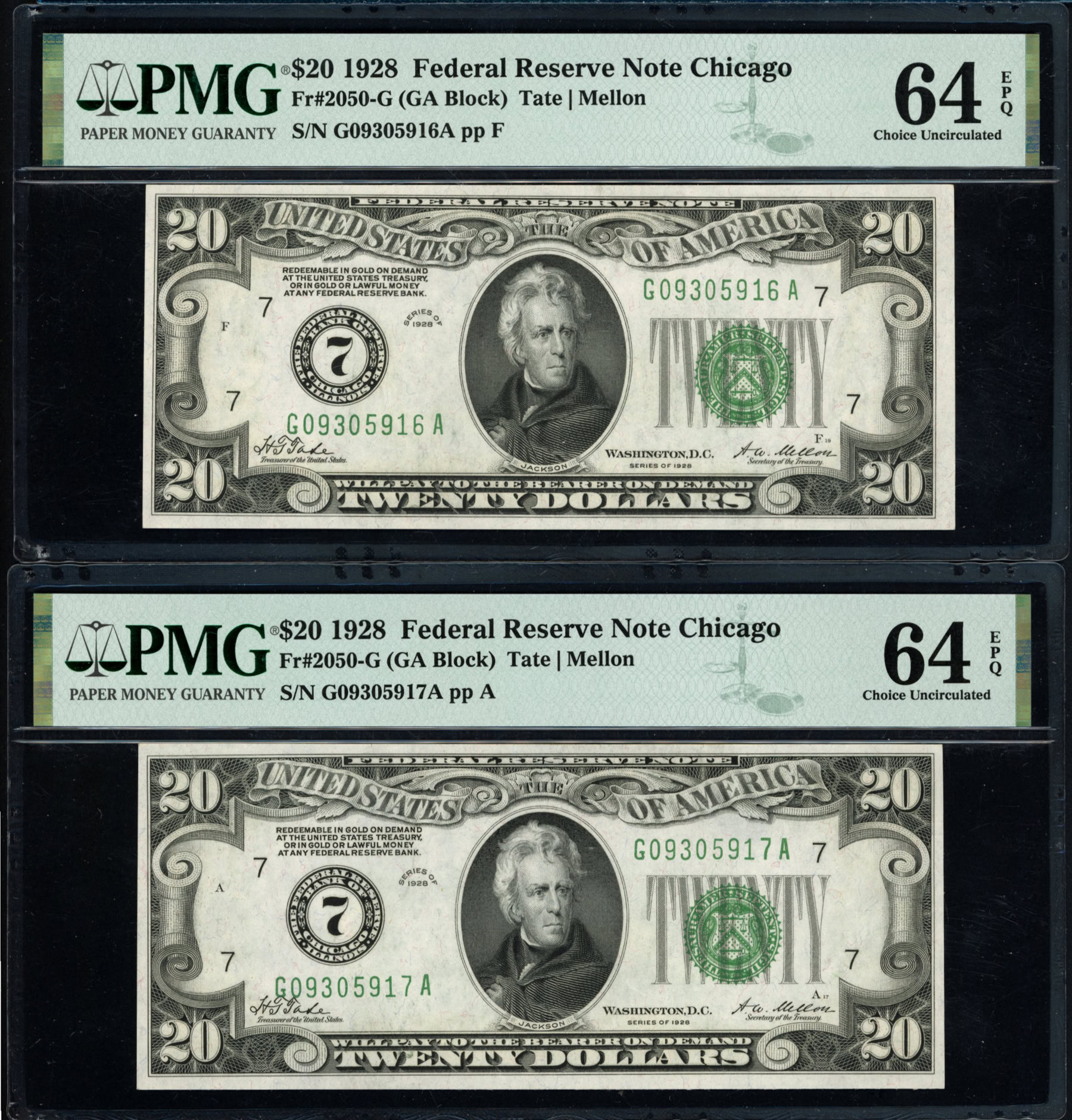 Fr. 2050-G (GA Block) 1928 $20 Chicago Federal Reserve Notes Sequential ...