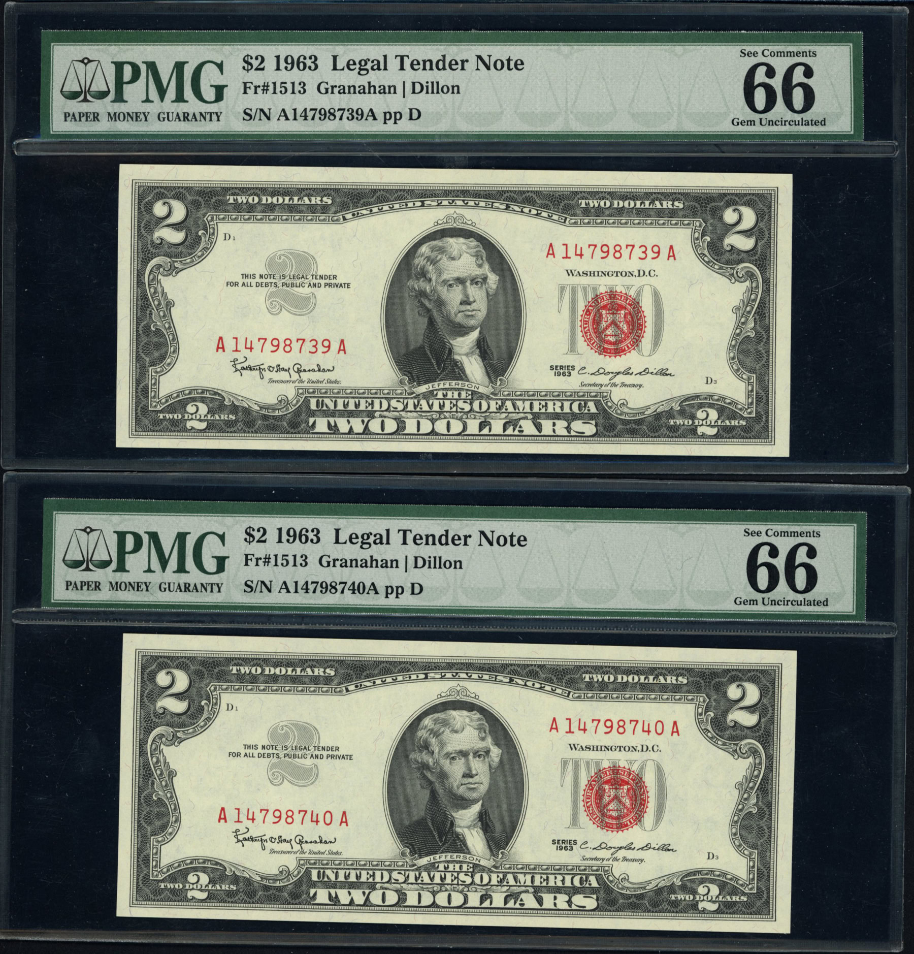 Fr. 1513 (AA Block) 1963 $2 Legal Tender Notes Sequential Serial Number ...