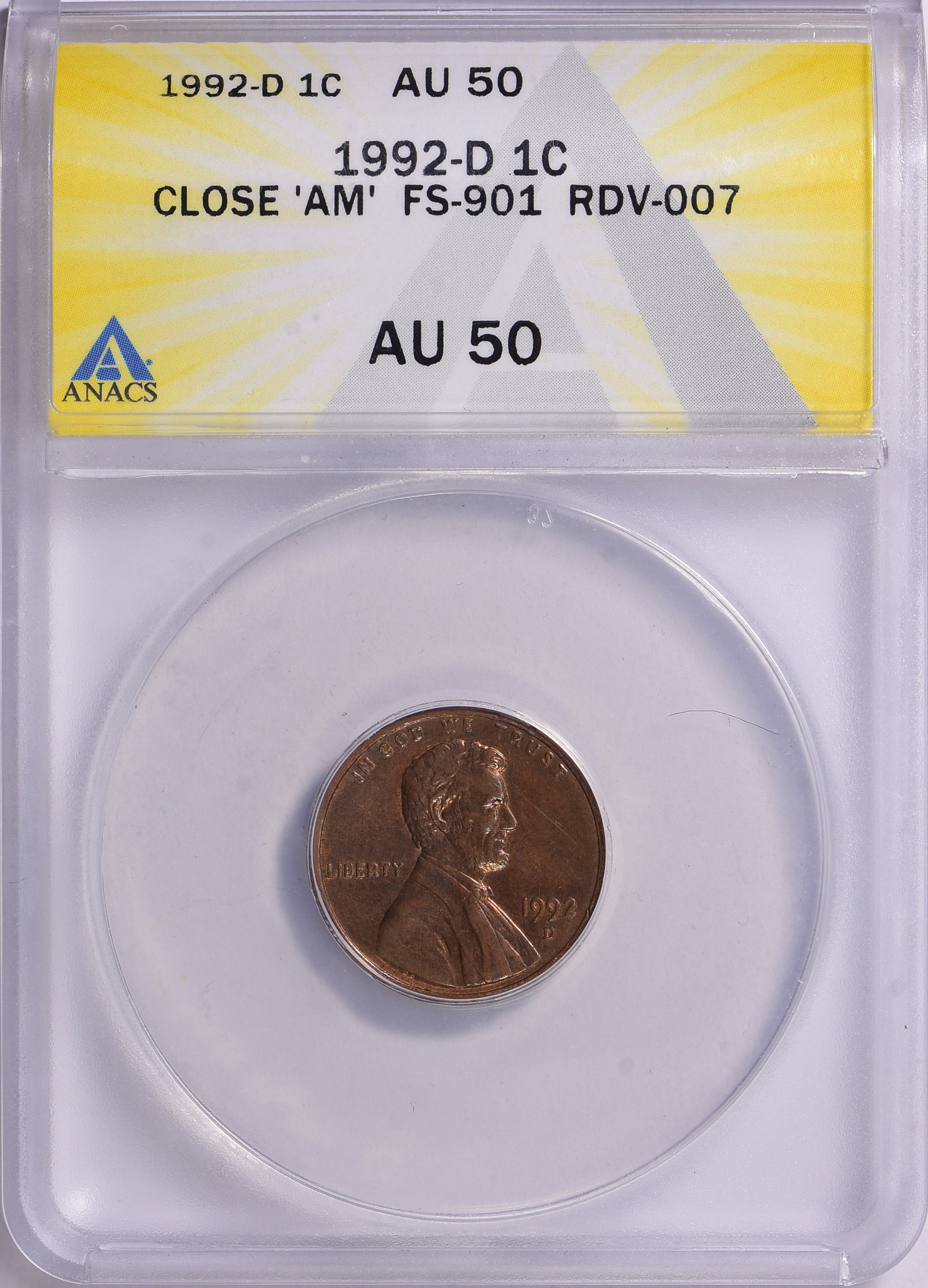 1992-D Lincoln Cent Close AM FS-901 RDV-007 ANACS AU-50 BN (Item ...