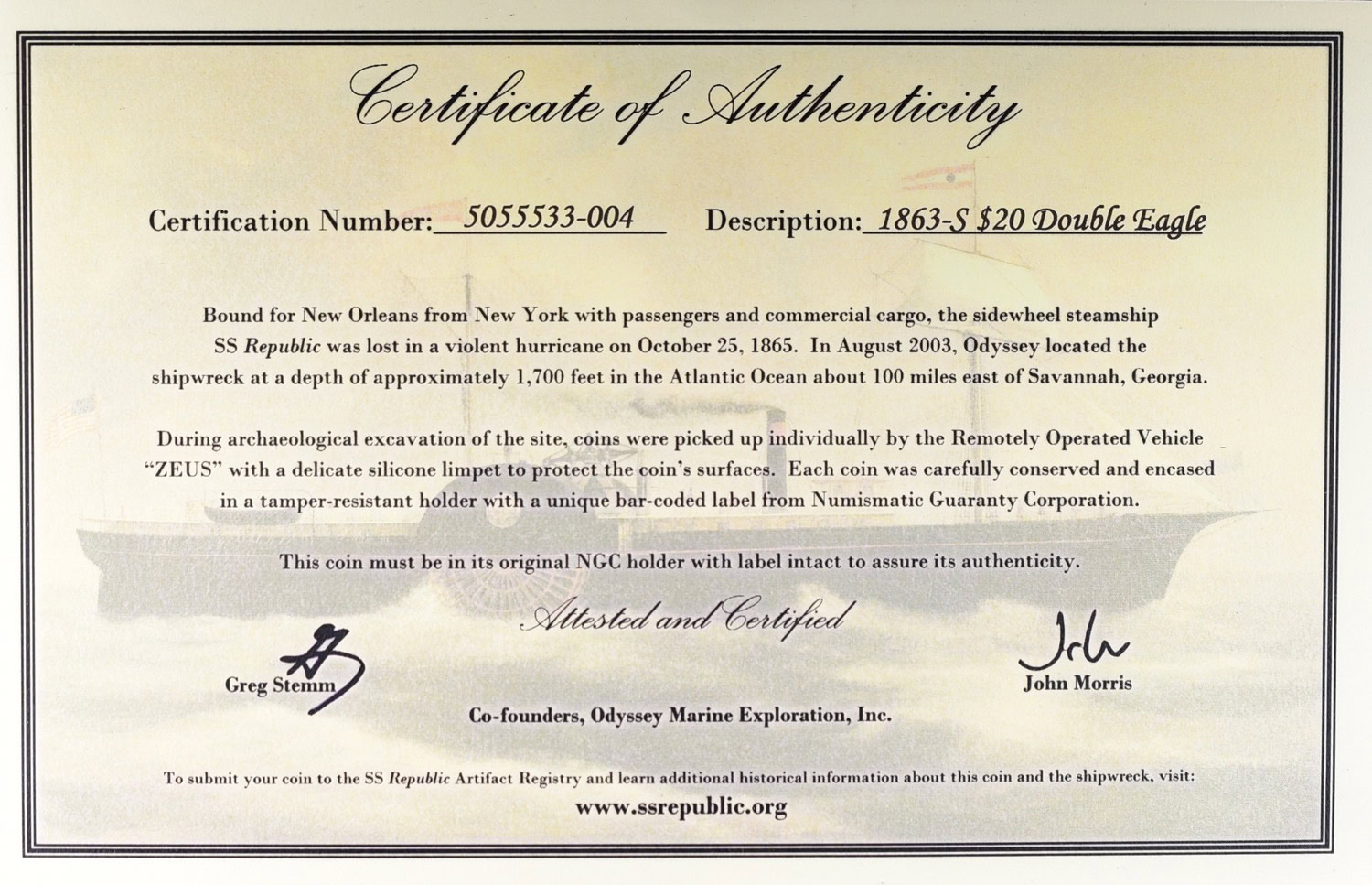 1863-S Liberty Gold Double Eagle Shipwreck S.S. Republic NGC Certified ...