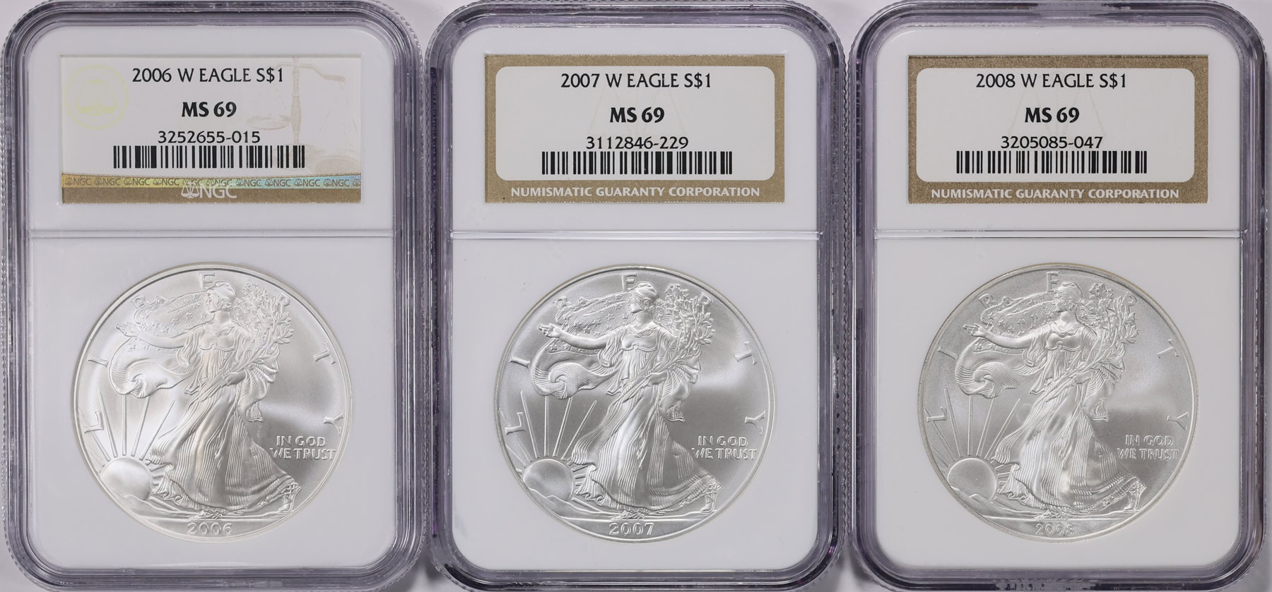 2006-W, 2007-W and 2008-W $1 Silver Eagle Burnished NGC MS-69 (3 Coins) (Item 1771024 ...