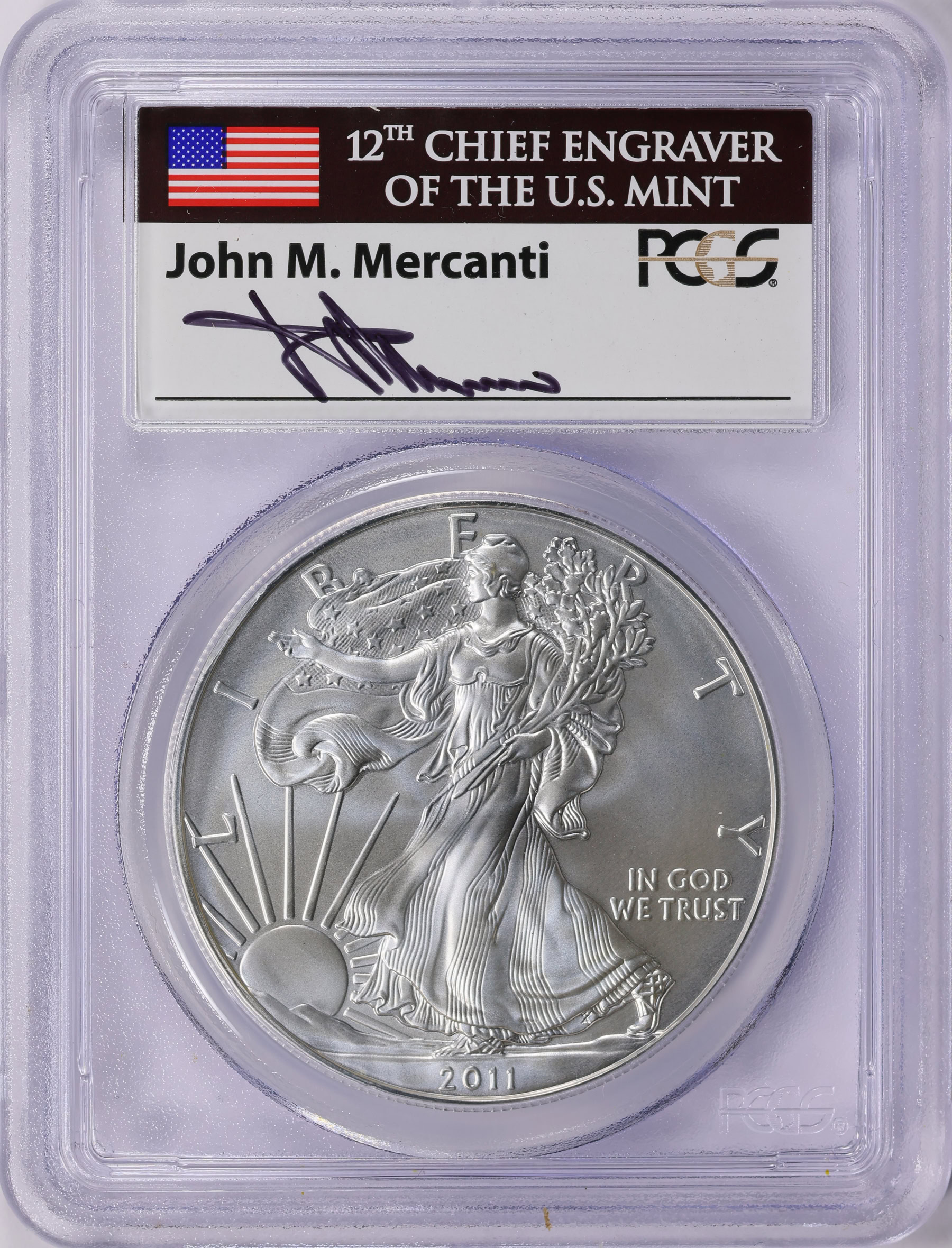 2011-W $1 Silver Eagle Burnished 25th Anniversary First Strike PCGS MS-70 (Mercanti Signed Flag ...