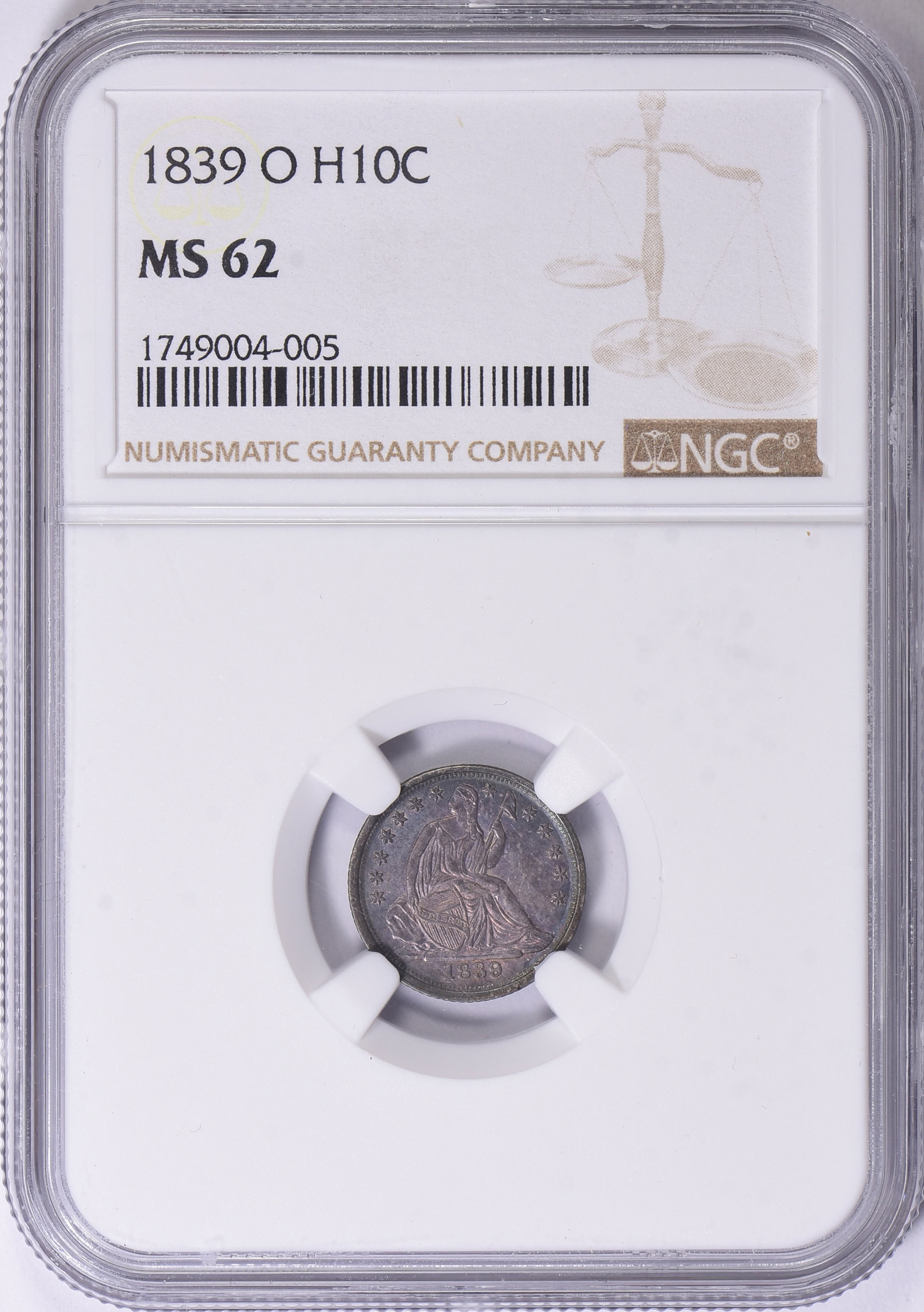 1839-O Seated Liberty Half Dime No Drapery NGC MS-62 (Toned) (Item 1771274) | GreatCollections ...