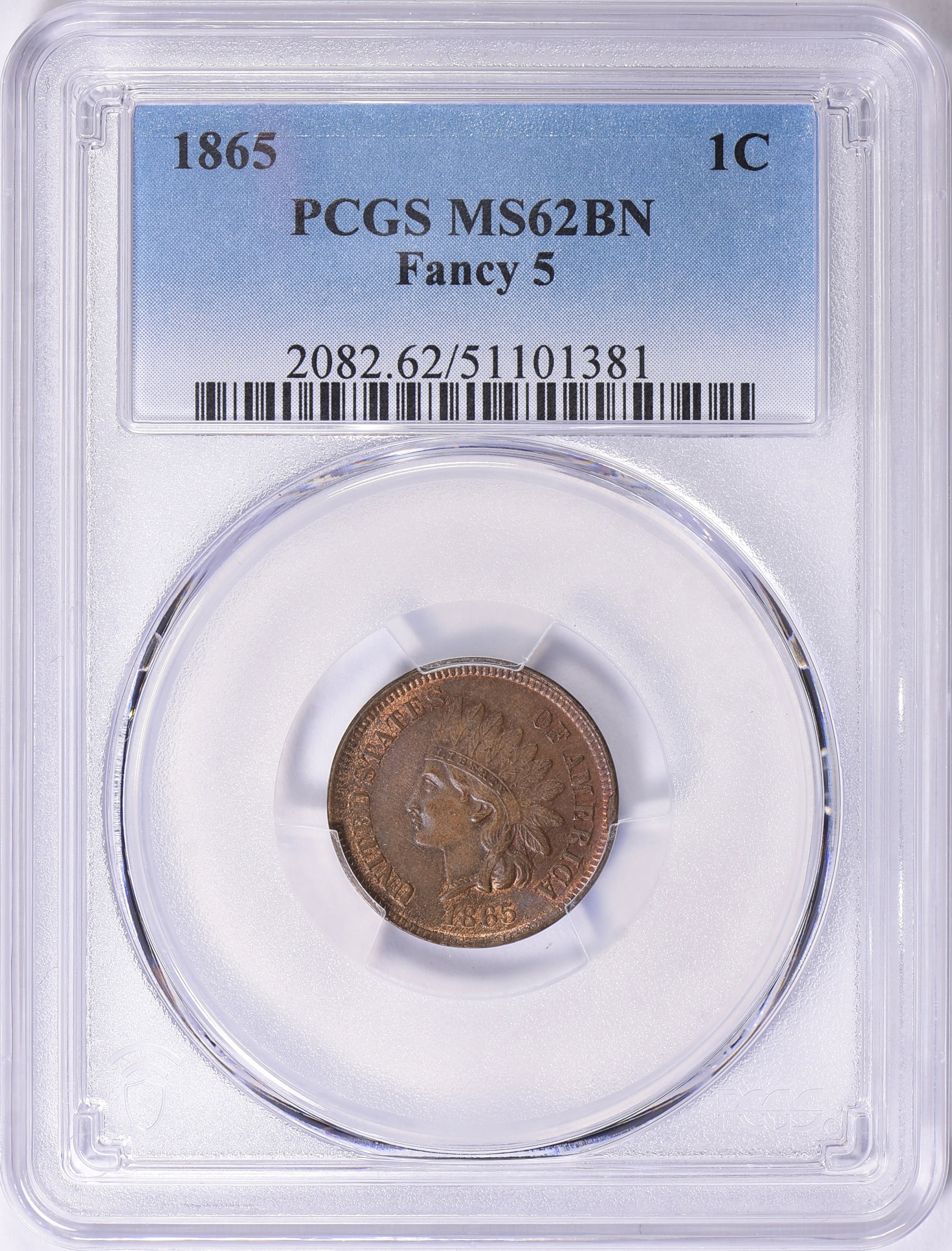 1865 Indian Cent Fancy 5 PCGS MS-62 BN (Item 1771306) | GreatCollections Coin Auctions