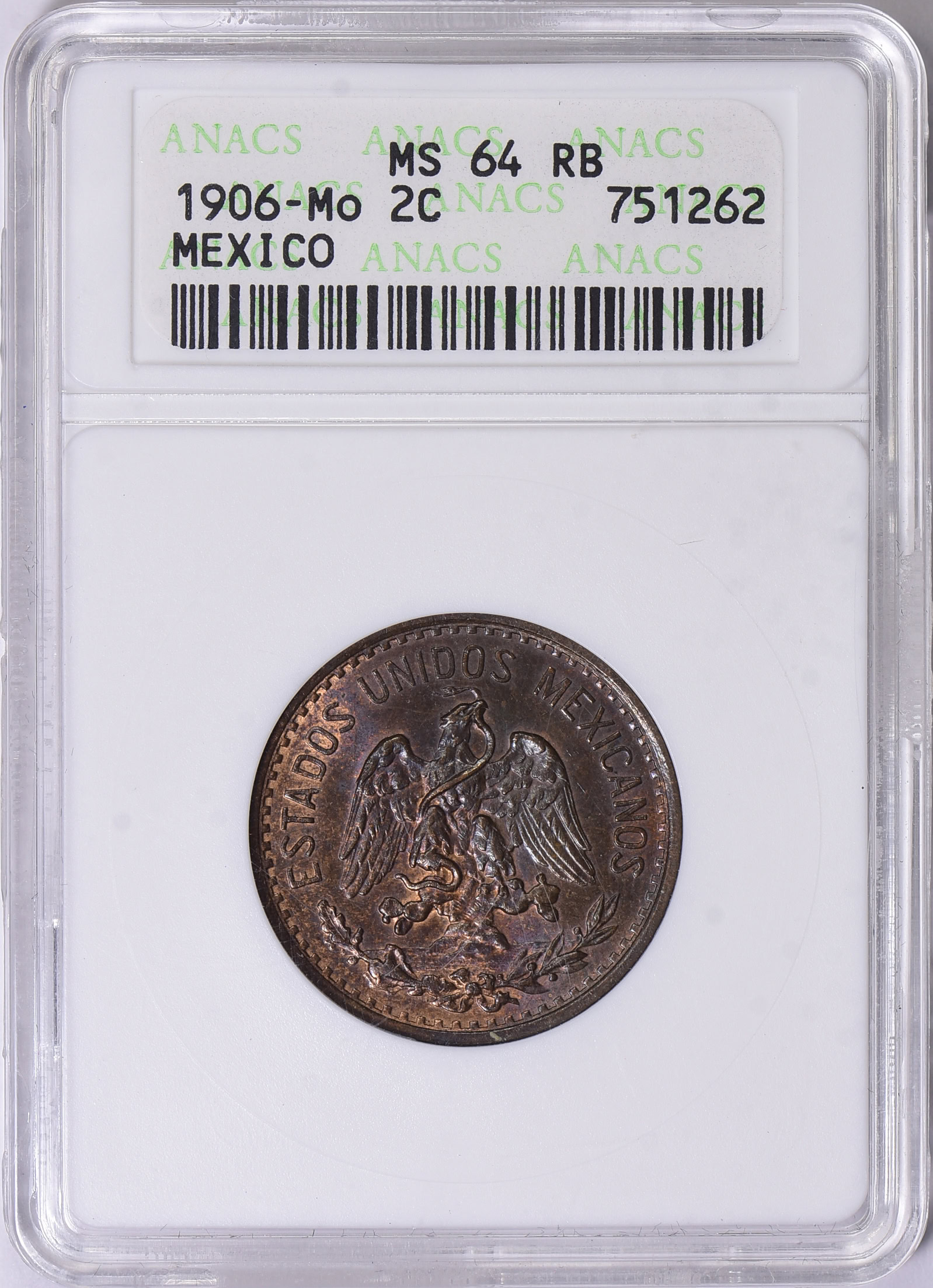 Mexico 1906-Mo 2 Centavos KM-419 ANACS MS-64 RB OH (Item 1771382) | GreatCollections Coin Auctions