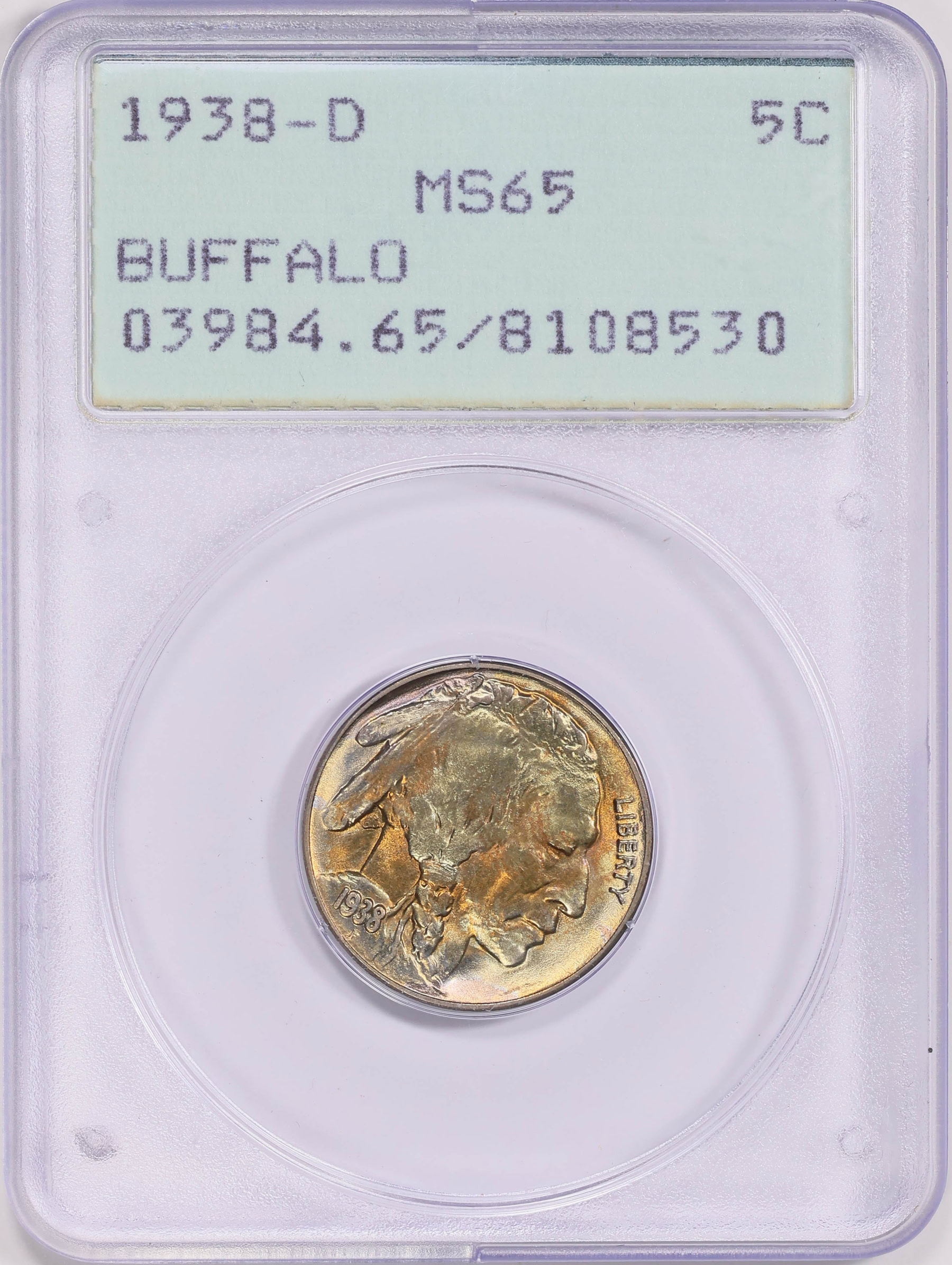 1938-D Buffalo Nickel PCGS MS-65 OGH (1st Gen) (Toned) (Item 1771538) | GreatCollections Coin ...