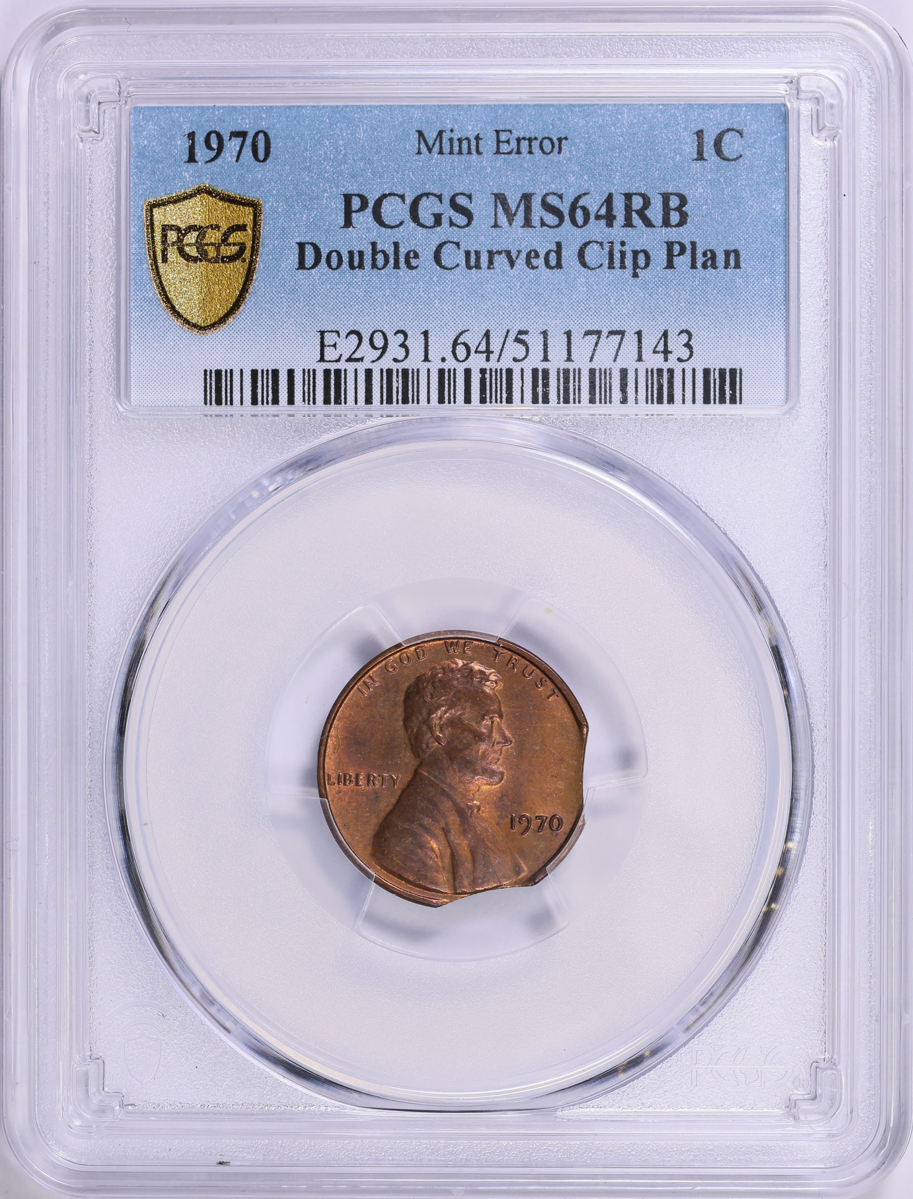 Mint Error 1970 Lincoln Cent Double Curved Clipped Planchet PCGS MS-64 ...
