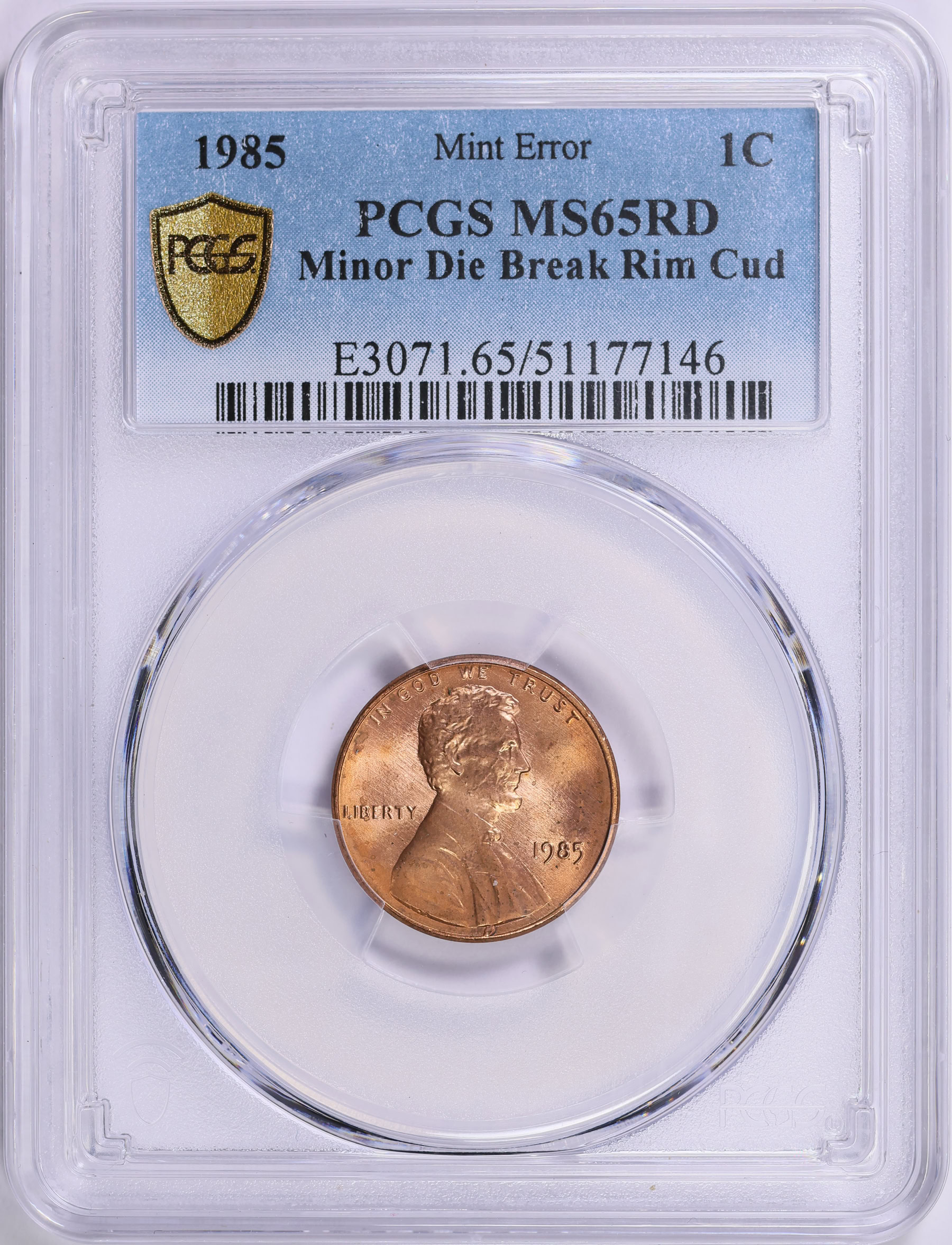 Mint Error 1985 Lincoln Cent Minor Die Break Rim Cud PCGS MS-65 RD ...