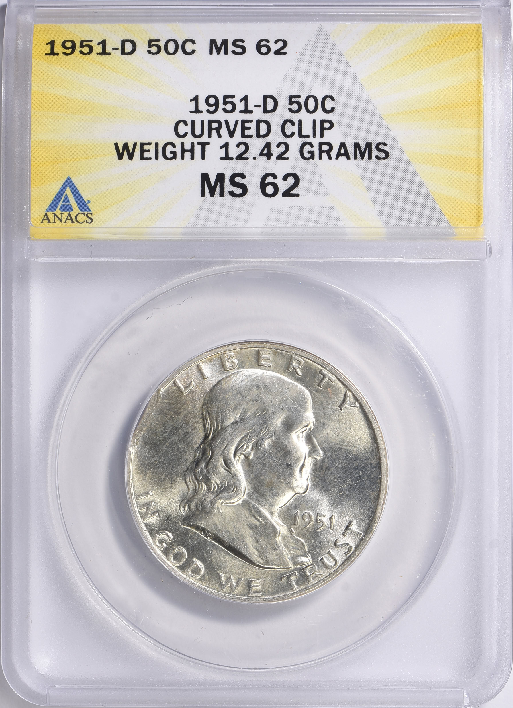 Mint Error 1951-D Franklin Half Dollar Curved Clip ANACS MS-62 (12 ...