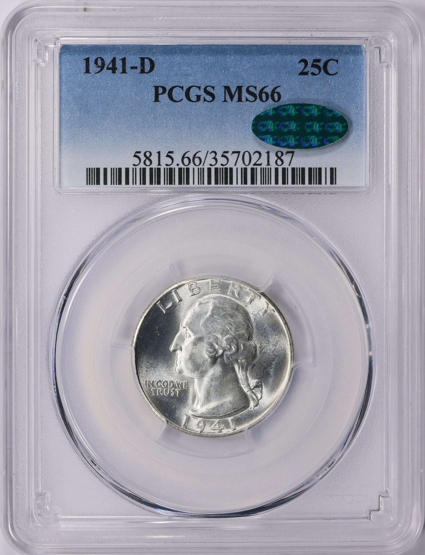 1941-D Washington Quarter PCGS MS-66 (CAC Green) (Item 1771868) | GreatCollections Coin Auctions