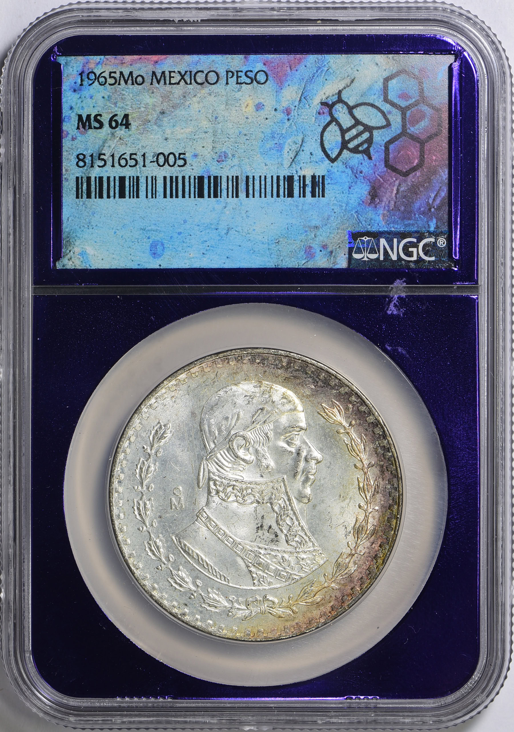 Mexico 1965-Mo Silver Peso KM-459 NGC MS-64 (Purple Bee Frame Holder ...