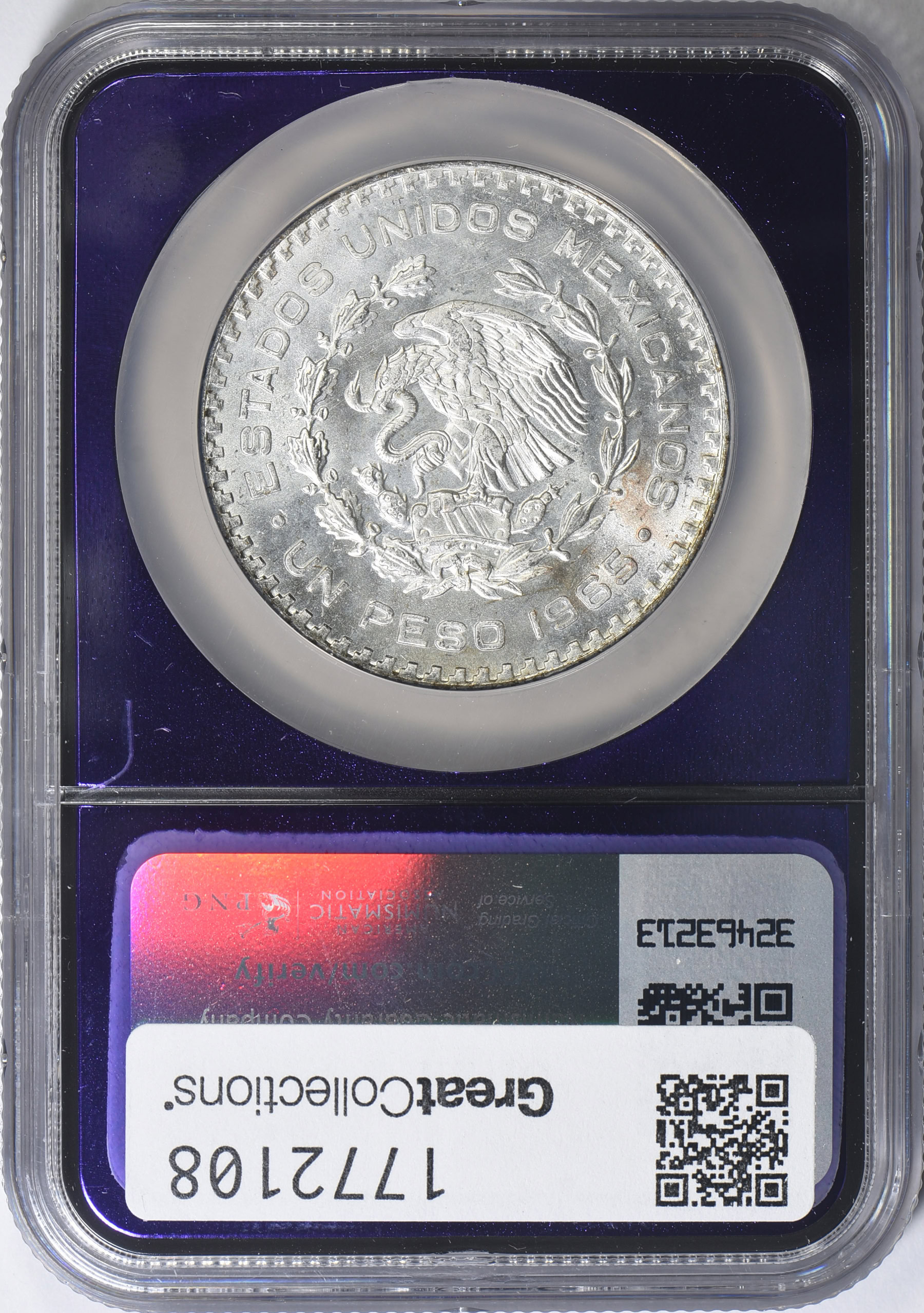 Mexico 1965-Mo Silver Peso KM-459 NGC MS-64 (Purple Bee Frame Holder ...