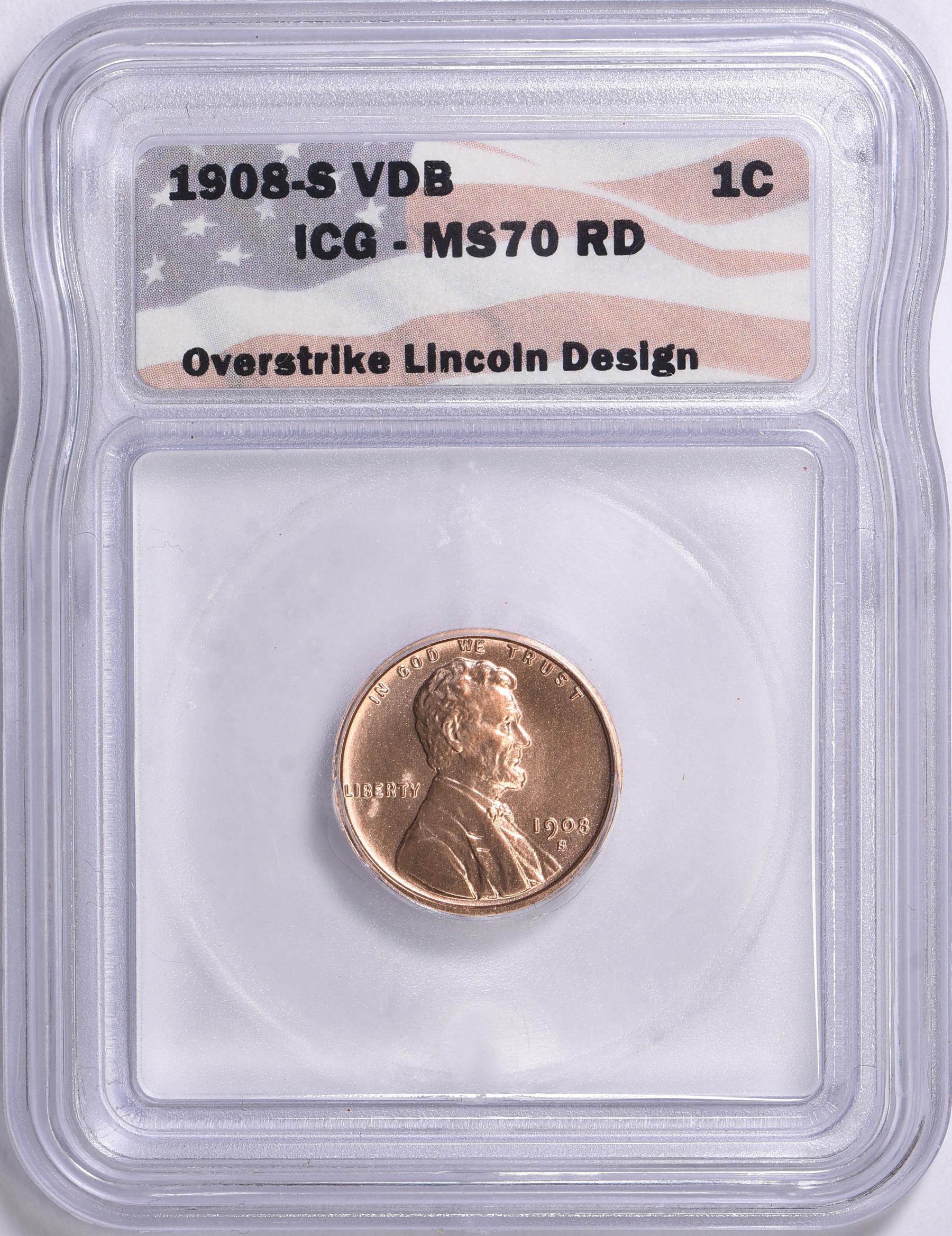1908-S V.D.B. Lincoln Cent Overstrike Daniel Carr Token ICG MS-70 RD ...