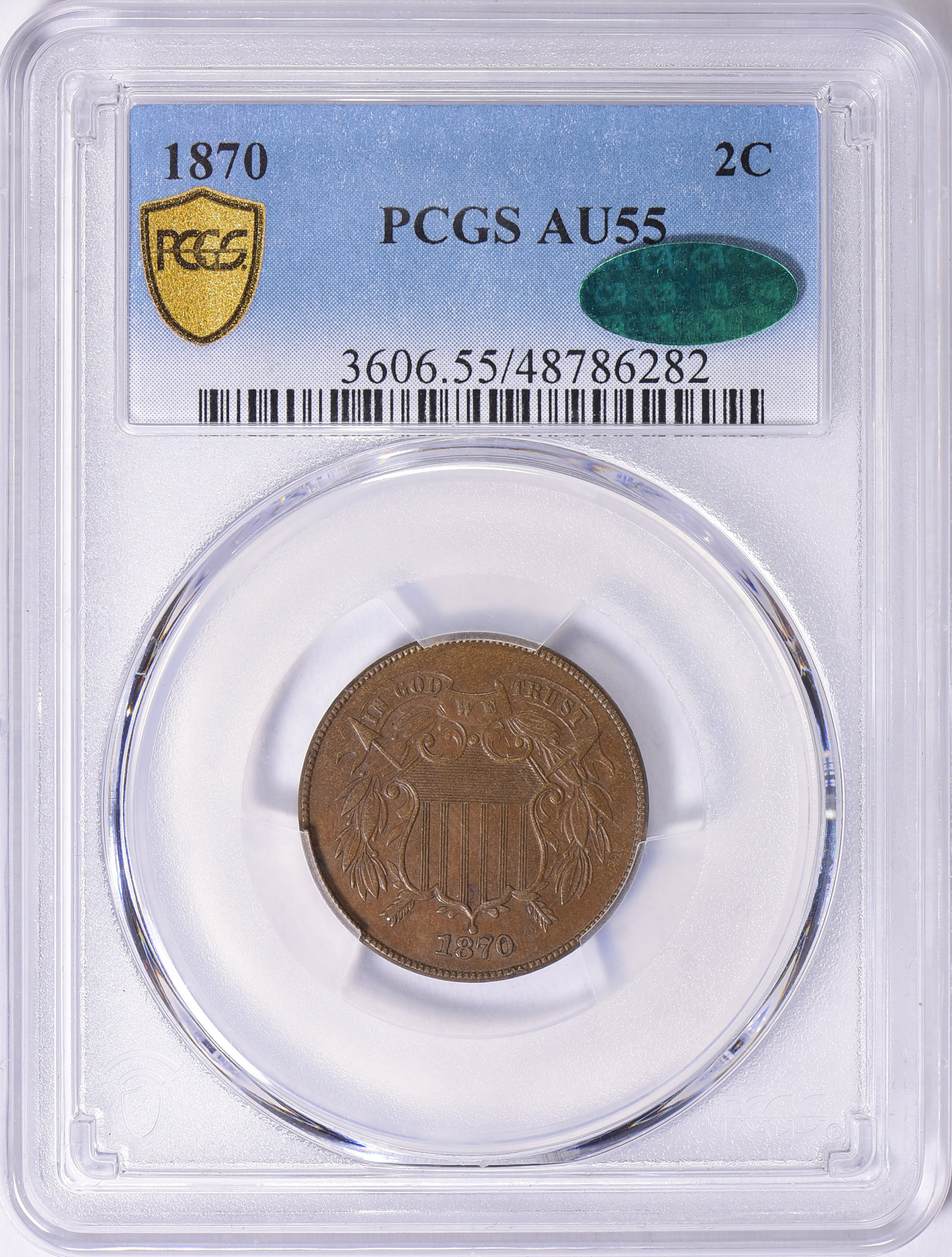 1870 Two-Cent Piece PCGS AU-55 BN (CAC Green) (Item 1772158 ...