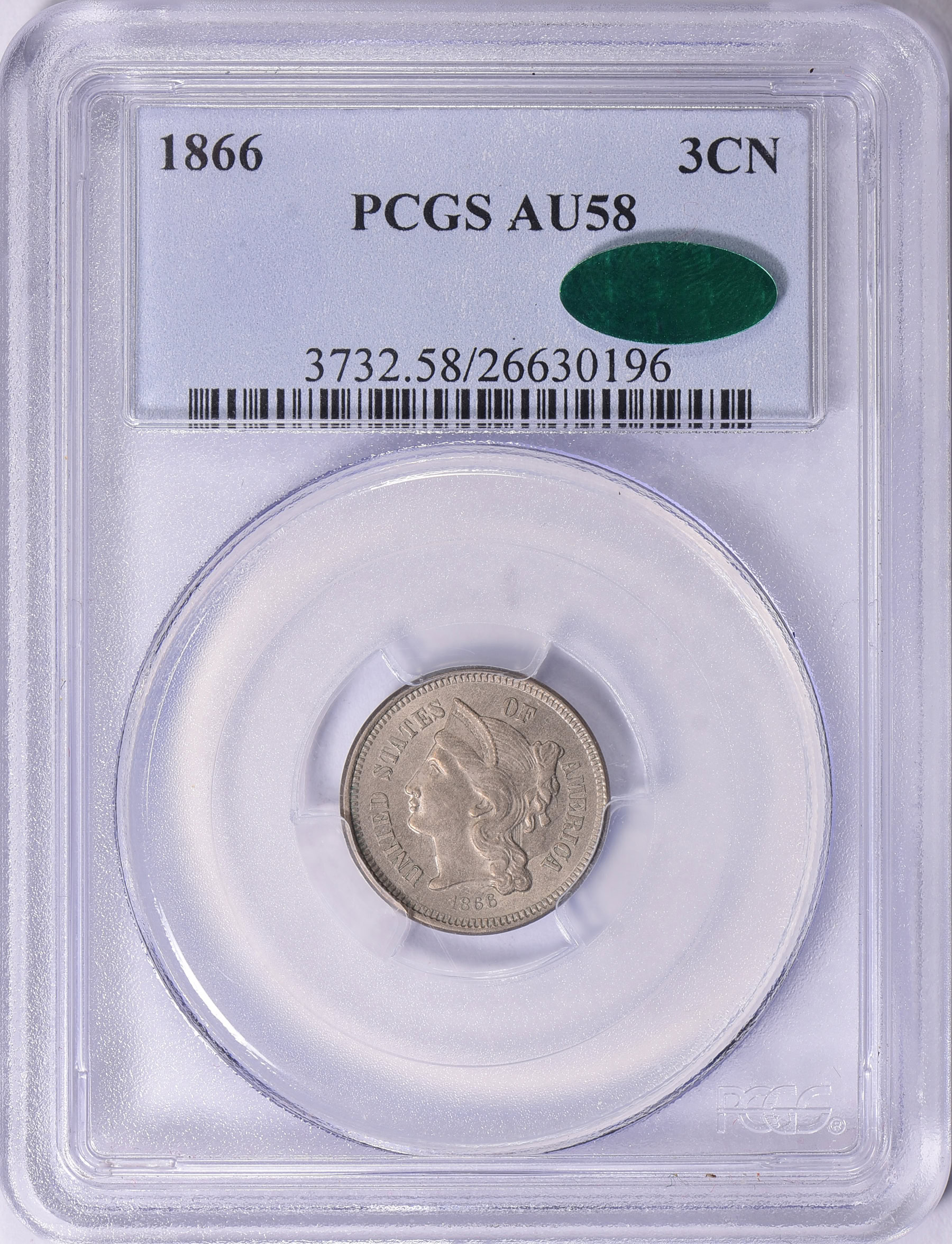 1866 Nickel Three-Cent Piece PCGS AU-58 (CAC Green) (Item 1772162) | GreatCollections Coin Auctions