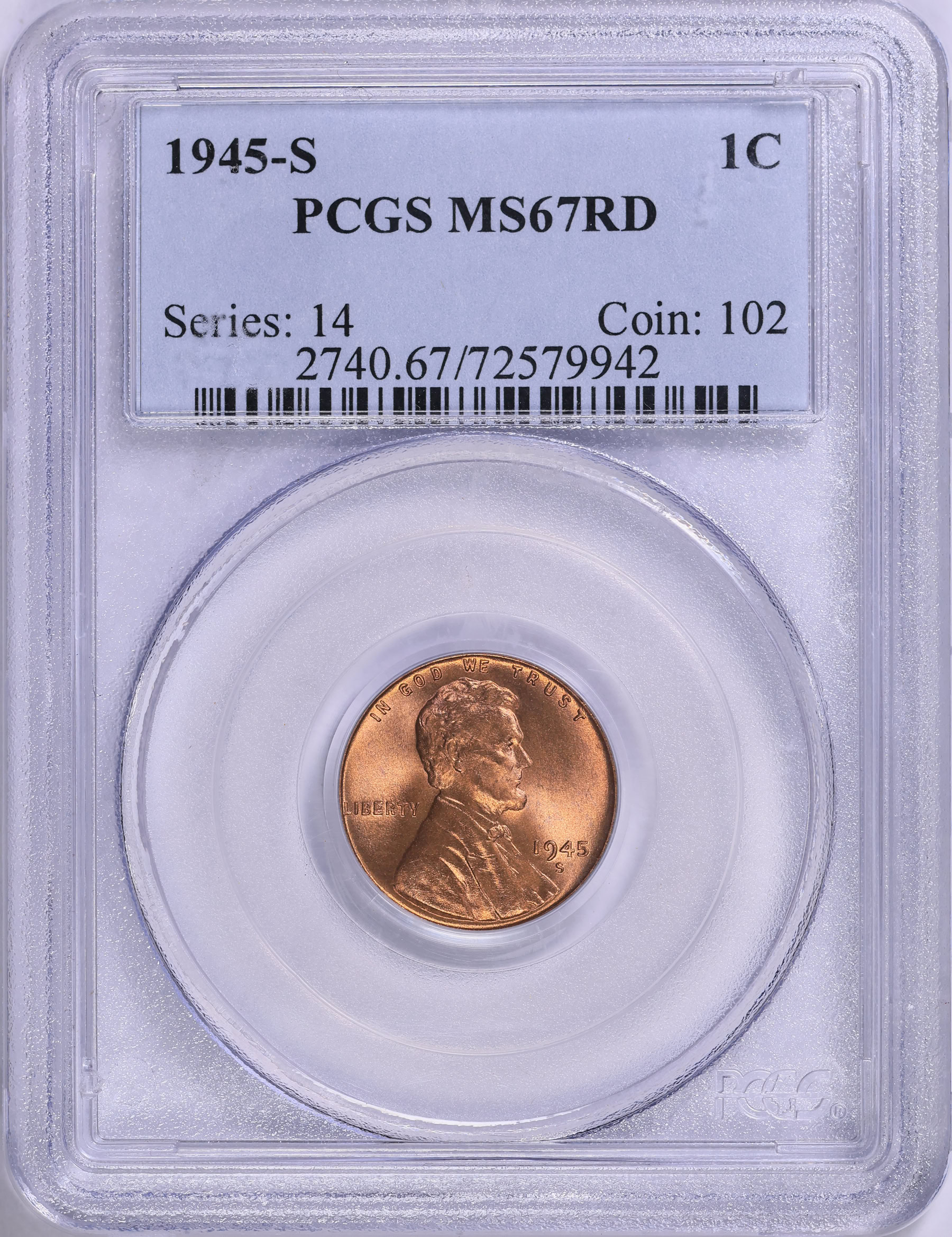 1945-S Lincoln Cent PCGS MS-67 RD (Item 1772268) | GreatCollections Coin Auctions