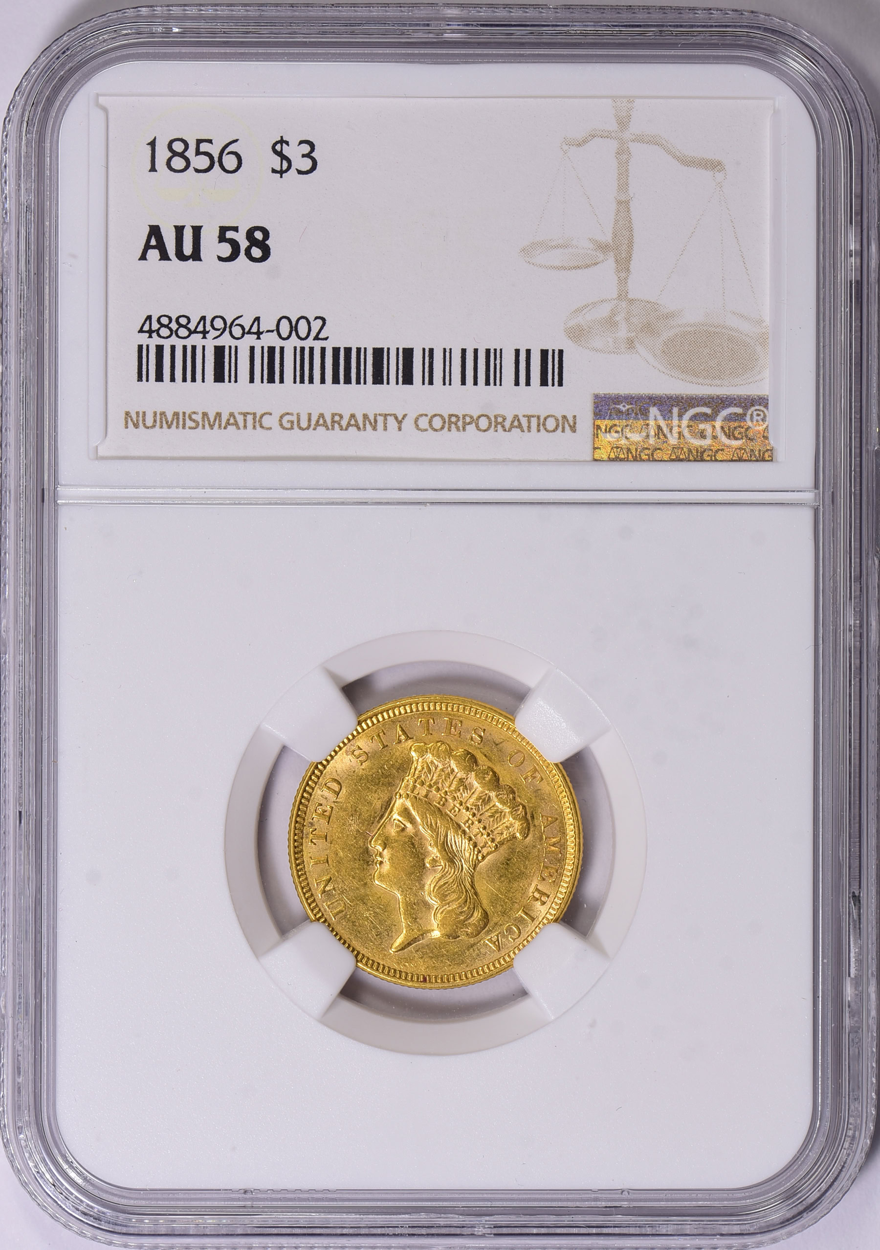 1856 Three-Dollar Gold Piece NGC AU-58 (Item 1772364) | GreatCollections Coin Auctions