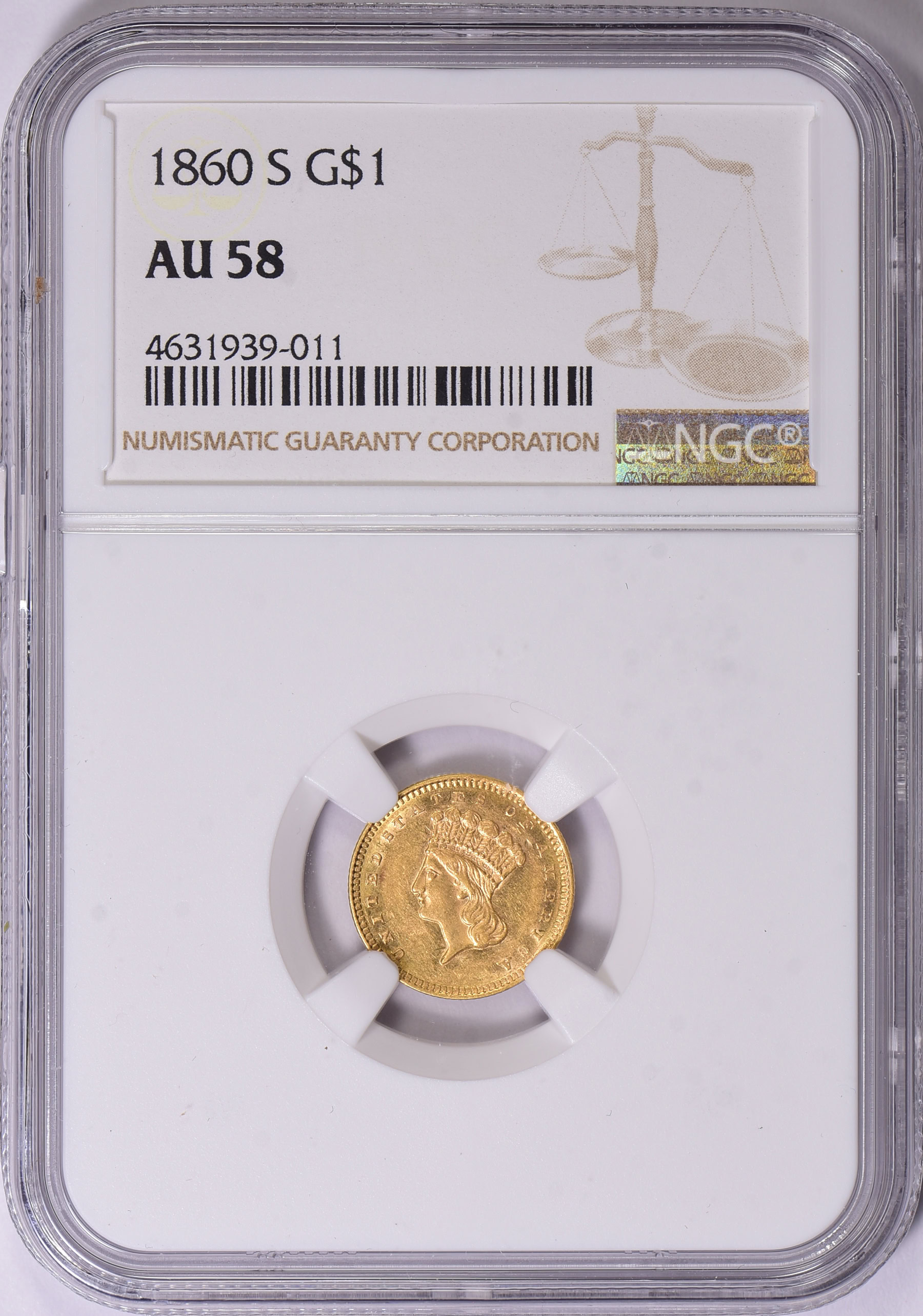1860-S Indian Princess Gold Dollar NGC AU-58 (Item 1772366) | GreatCollections Coin Auctions