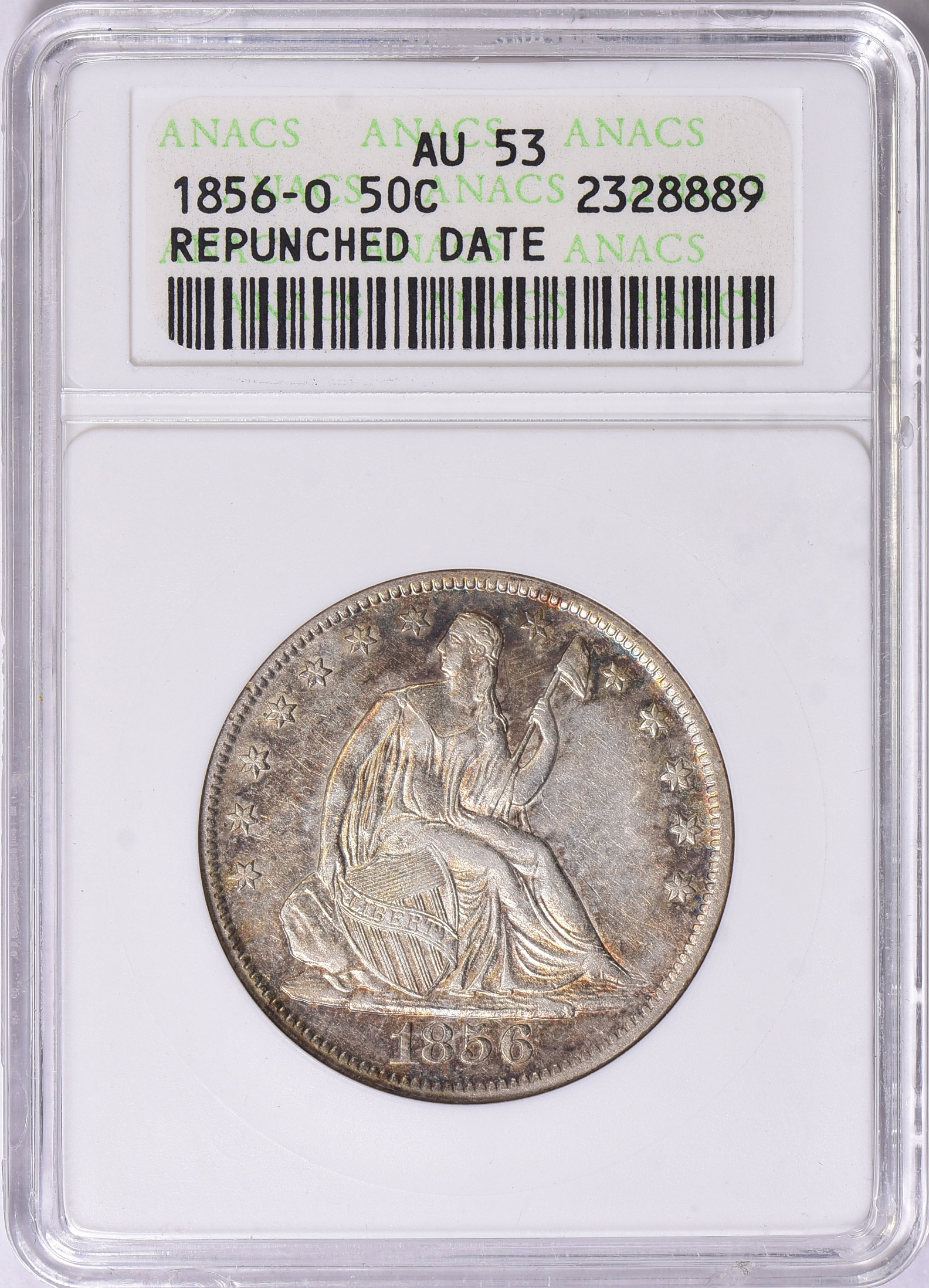 1856-O Seated Liberty Half Dollar Repunched Date ANACS AU-53 OH (Toned) (Item 1772771 ...