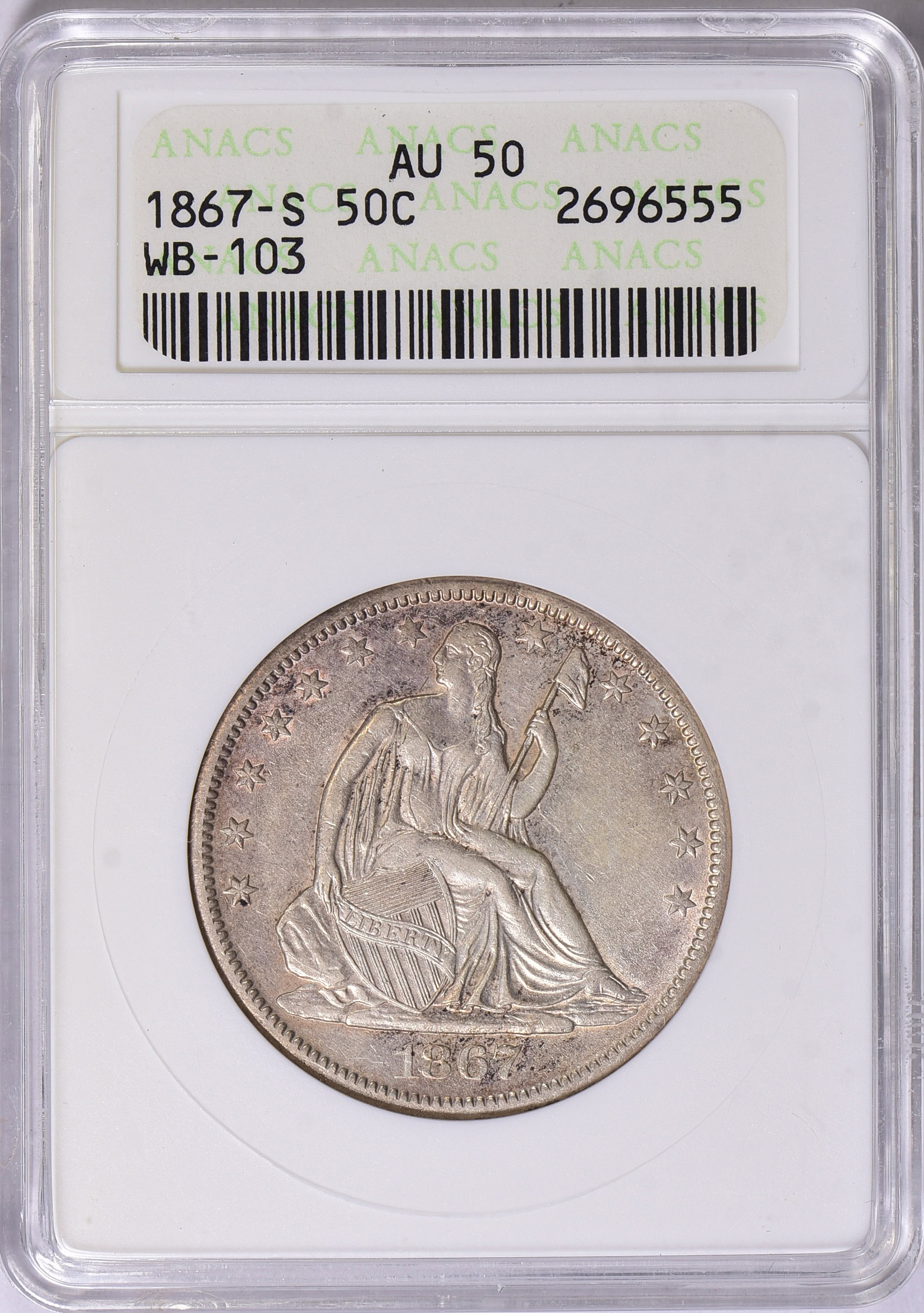 1867-S Seated Liberty Half Dollar WB-103 ANACS AU-50 OH (Toned) (Item 1772772 ...
