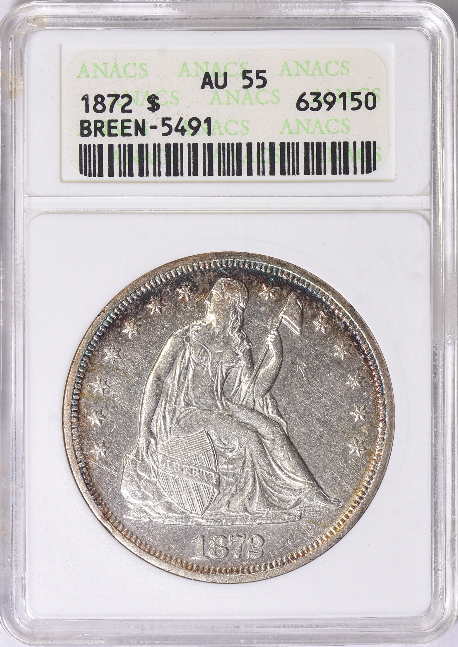 1872 Seated Liberty Silver Dollar Breen-5491 ANACS AU-55 OH (Toned) (Item 1772773 ...