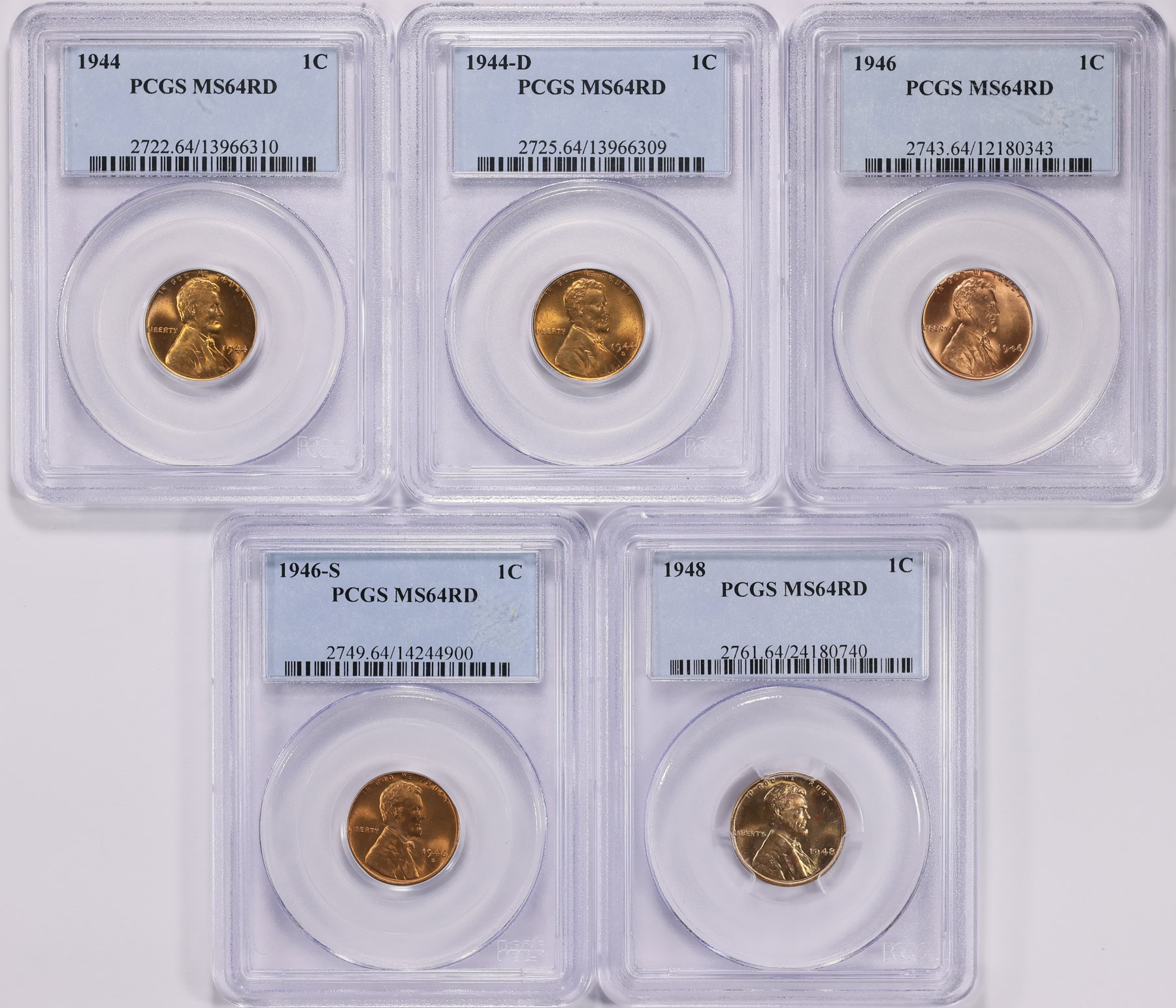 1944, 1944-D, 1946, 1946-S and 1948 Lincoln Cent PCGS MS-64 RD (5 Coins) (Item 1772826 ...