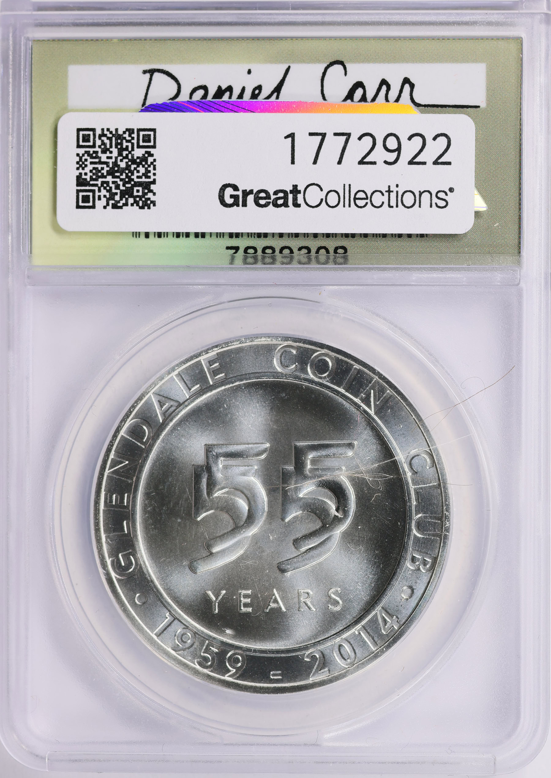 2014 Silver 1oz Glendale Coin Club Daniel Carr Medal ANACS MS-68 ...