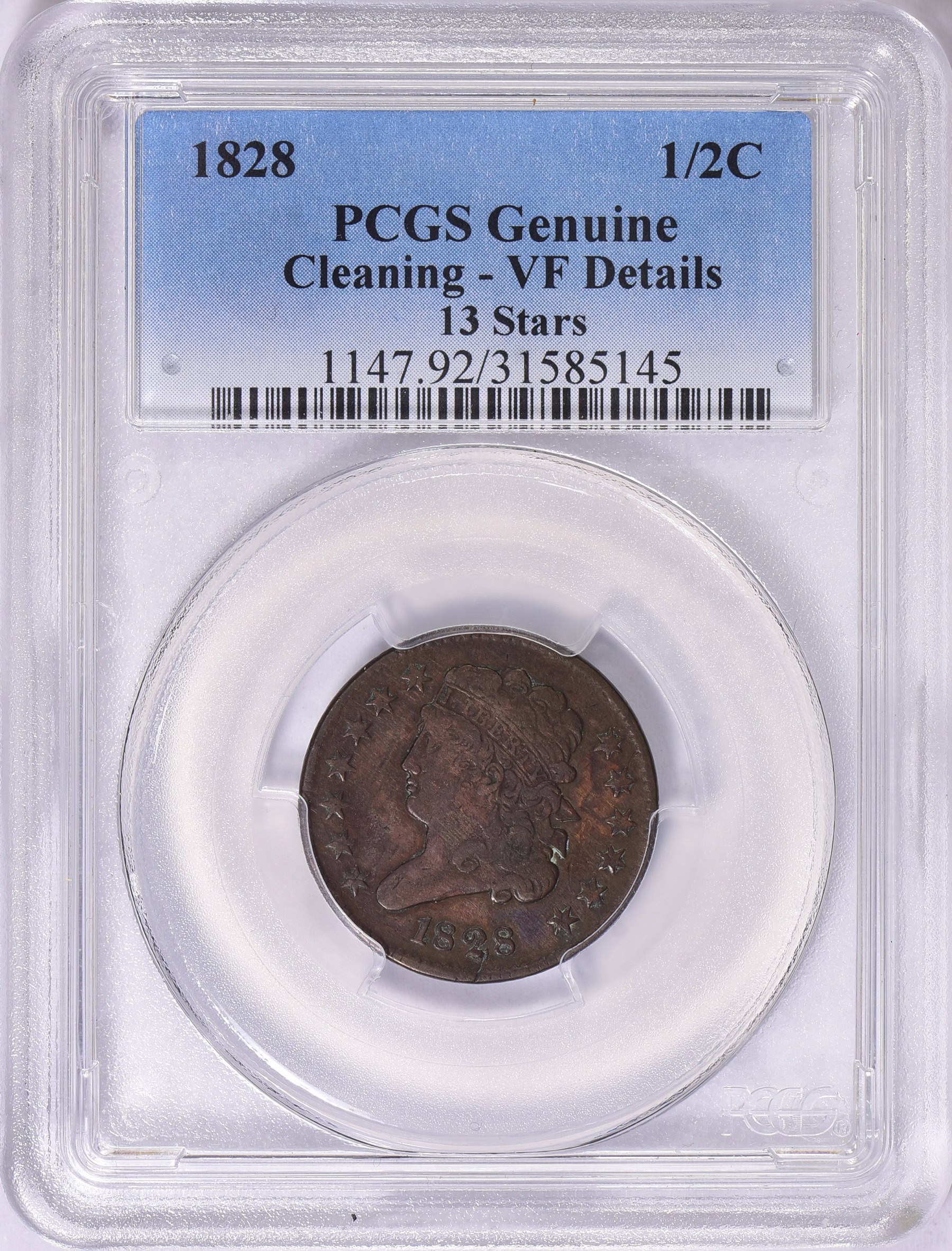 1828 Classic Half Cent 13 Stars PCGS Genuine VF Details (Item 1773071) | GreatCollections Coin ...
