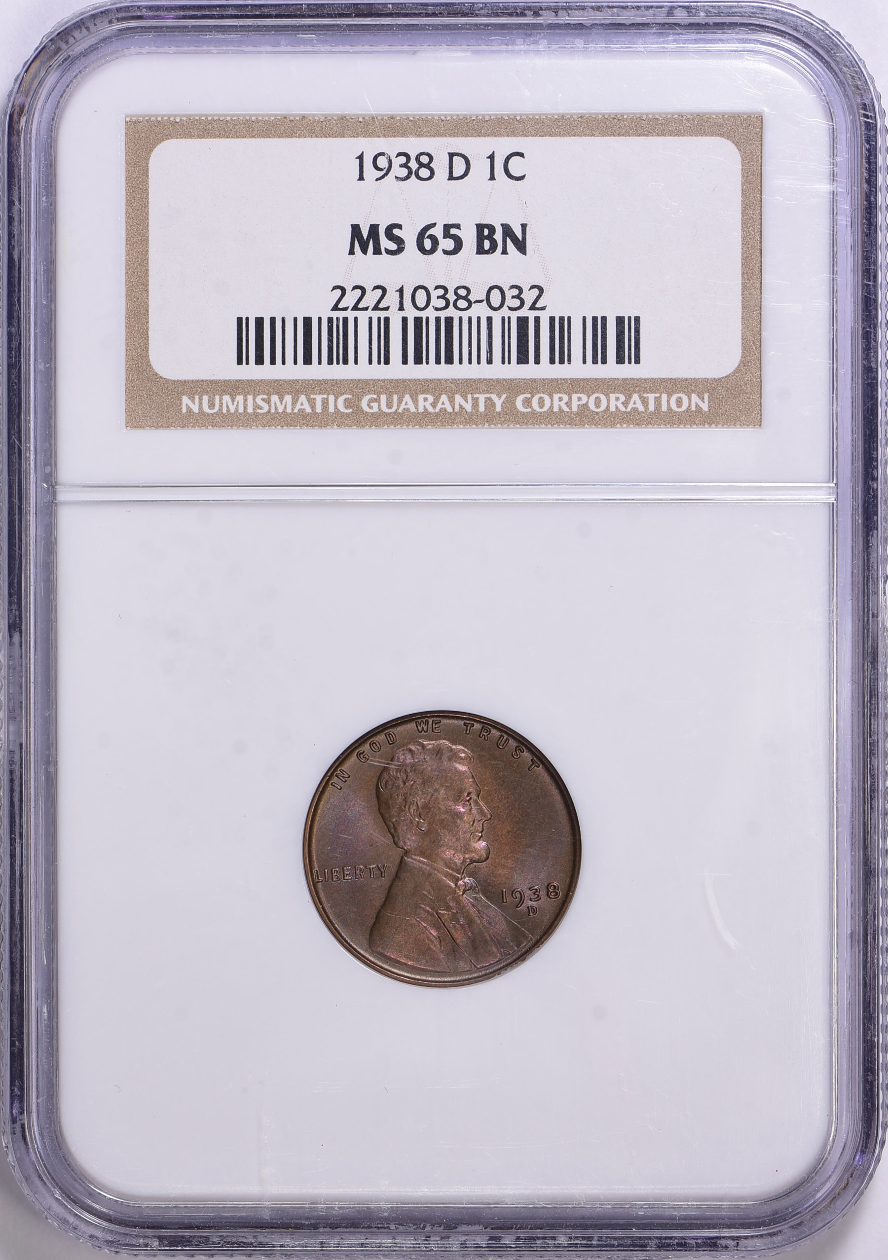 1938-D Lincoln Cent NGC MS-65 BN (Toned) (Item 1773078) | GreatCollections Coin Auctions